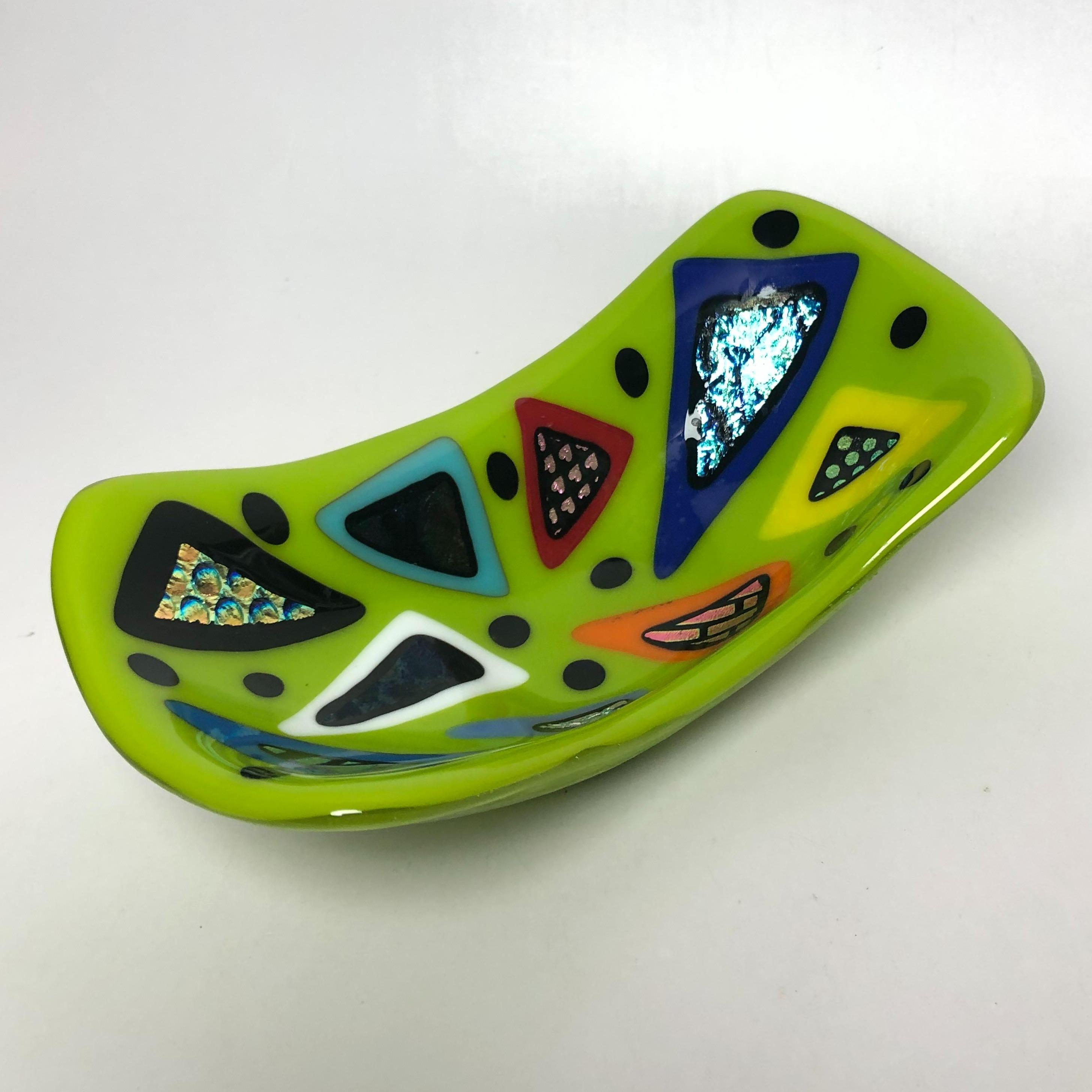 Fused Studio Art Glass Bowl Dish Iridescent Dichroic Triangles Green ...
