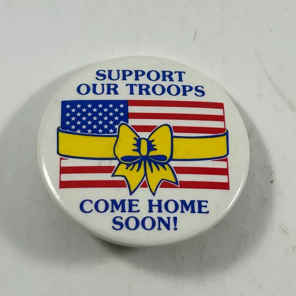 Pinback Button Support our Troops Come Home Soon American Flag and Yellow Ribbon Red White Blue