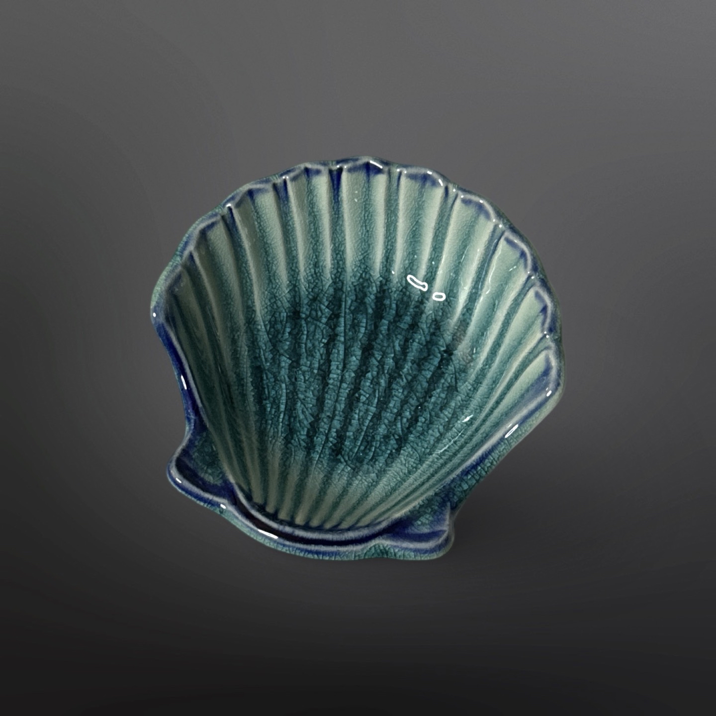 Vintage Blue Glaze Pottery Shell Trinket Dish Made In Japan