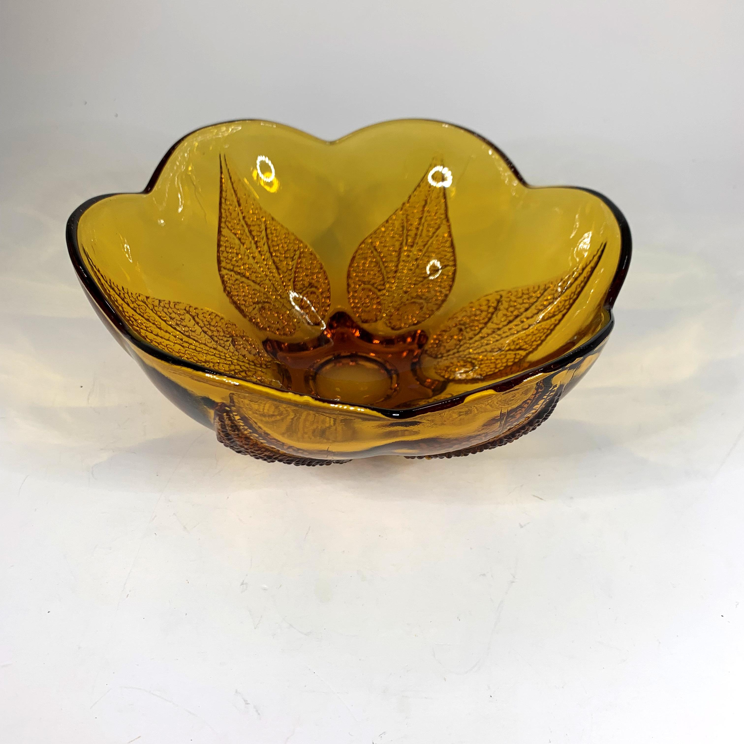 Anchor Hocking Amber Renaissance Bowl Glass Beaded Leaf Cottage Core ...