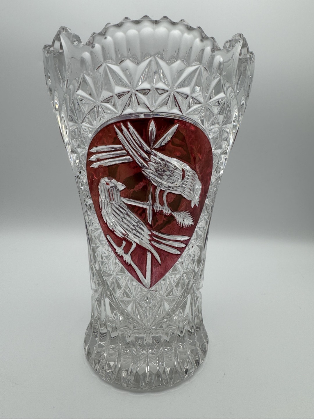 Vintage Hofbauer Byrdes Cut Crystal Vase 8" Ruby Red Two Birds Sawtooth ...