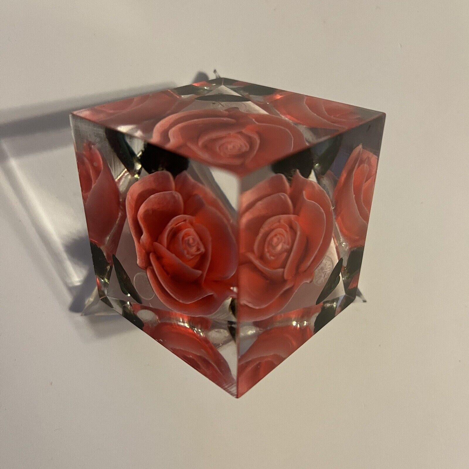 Vintage Bircraft Carved Rose Lucite Acrylic Cube Paperweight Pink Hand ...