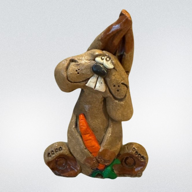 Adorably Derpy Handmade Pottery Bunny Rabbit w/ Carrot Figurine, Signed