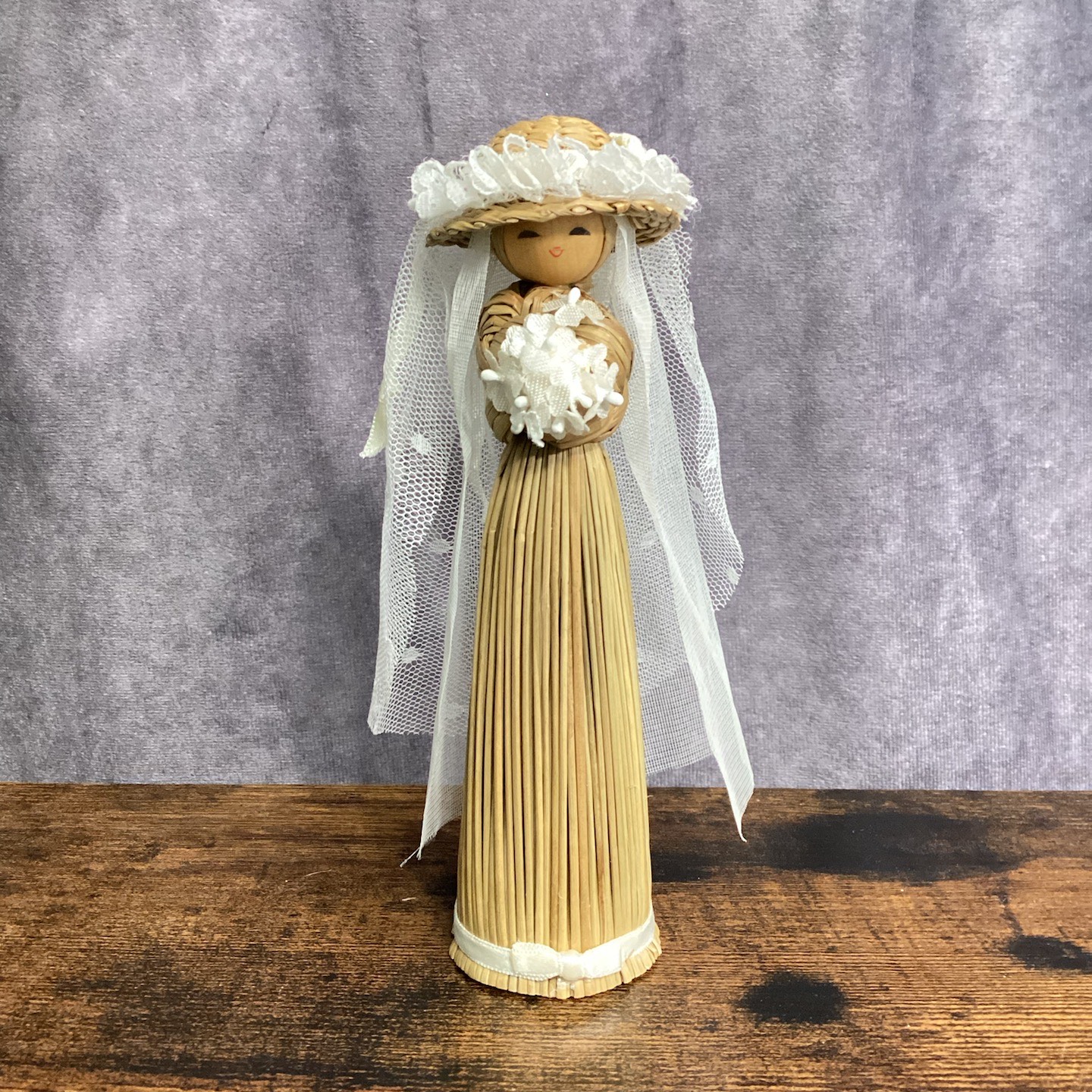 Vintage Woven Wicker Straw Bride Figurine Corn Husk Girl Doll 1981