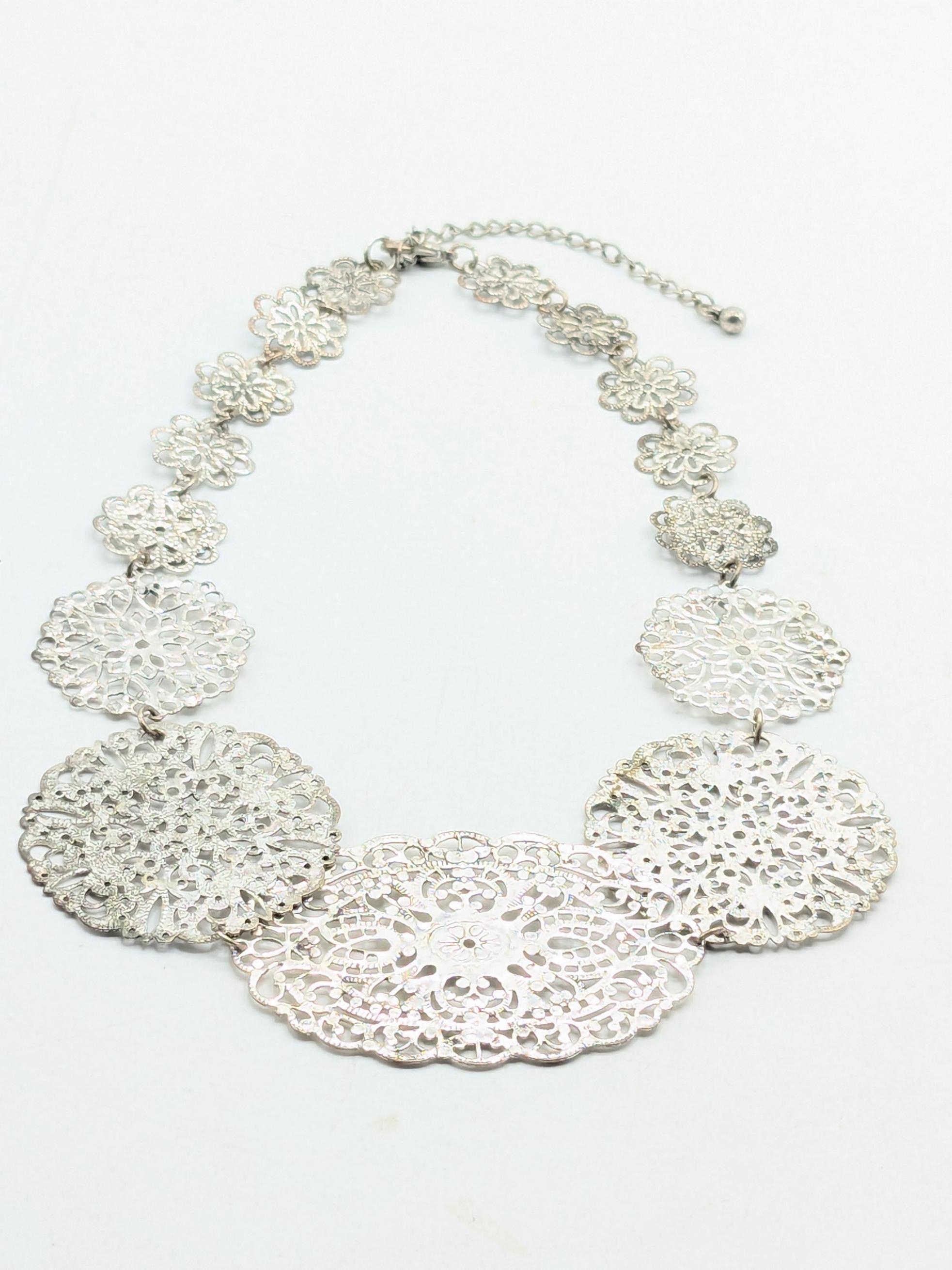Silver Tone Filigree Medallion Statement Necklace