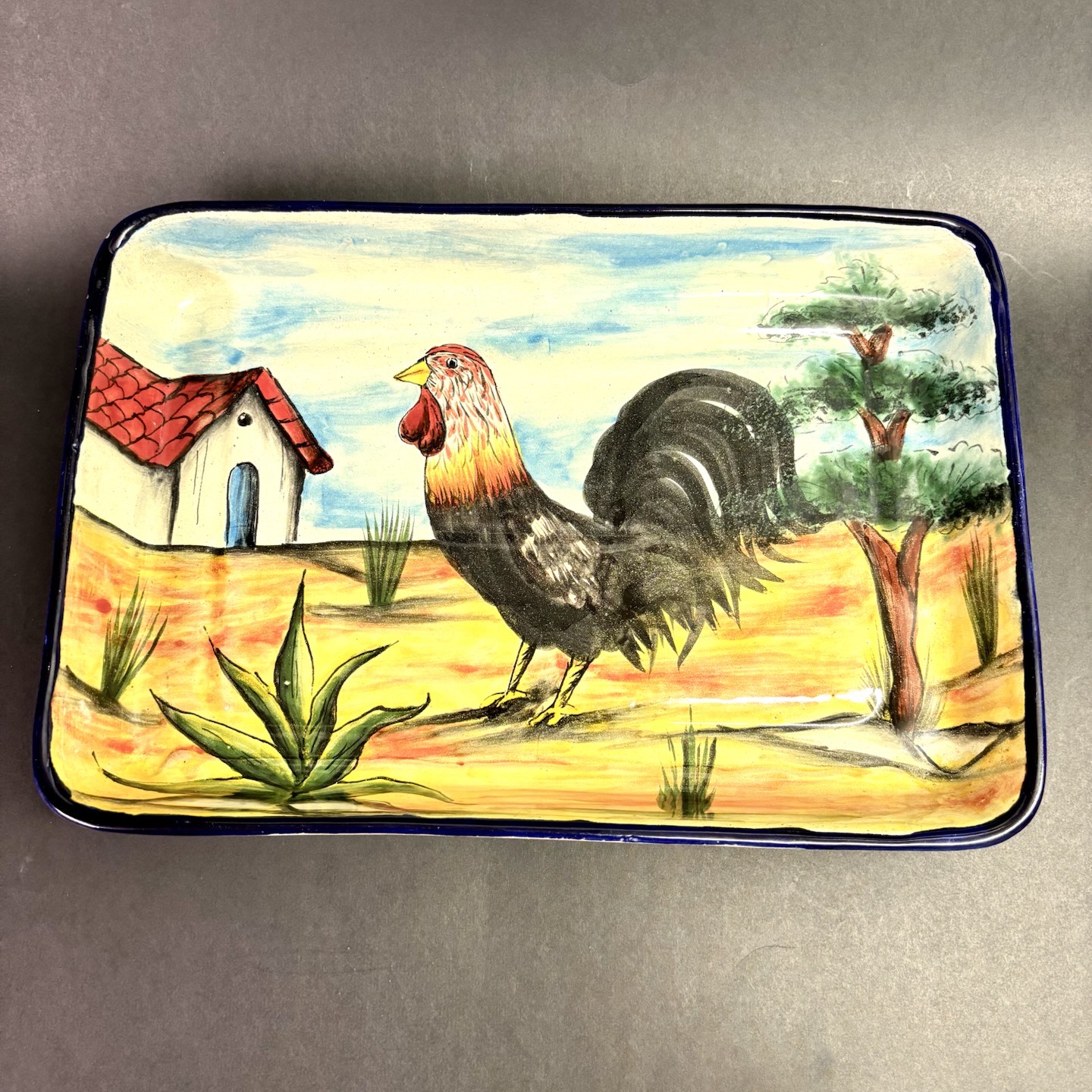 Mexican Rooster Farm Scene Baking Dish Wall Hanging Signed 9”x13”