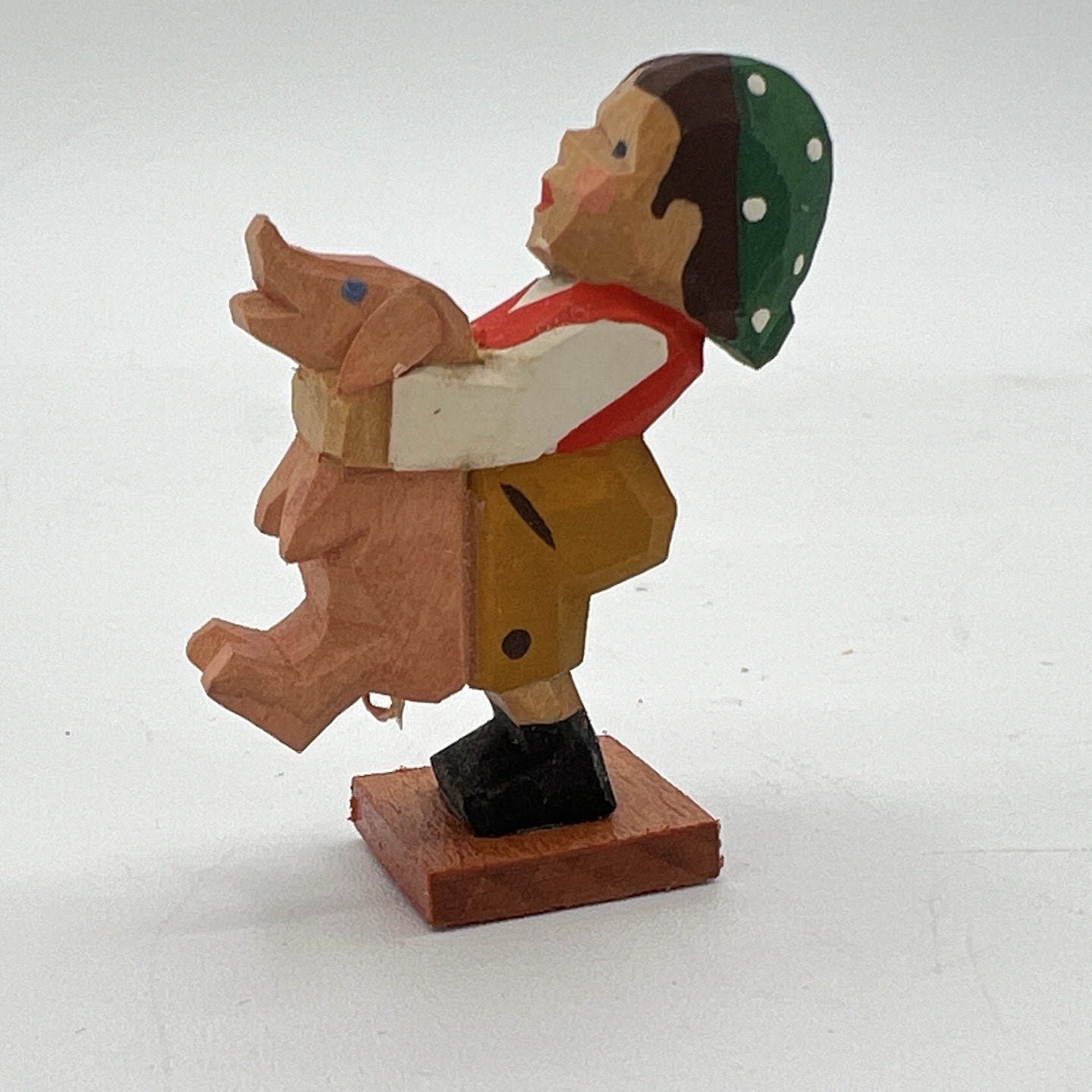 Vintage Erzgebirge Emil Helbig Carved Wood Boy With Pig Figurine 2" Germany
