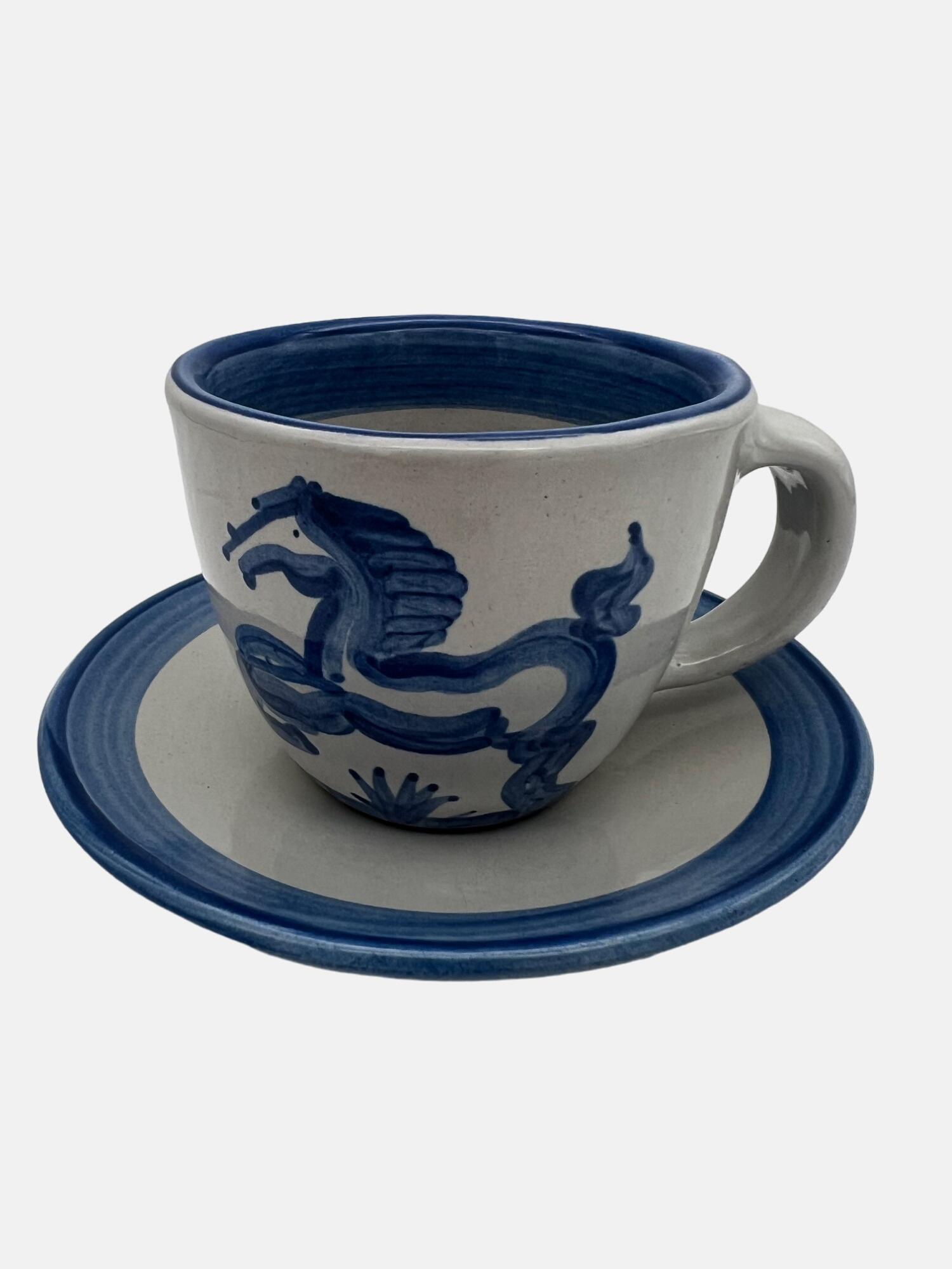 M.A. Hadley Pottery Blue Horse Coffee Mug & Saucer Set Whoa Louisville ...