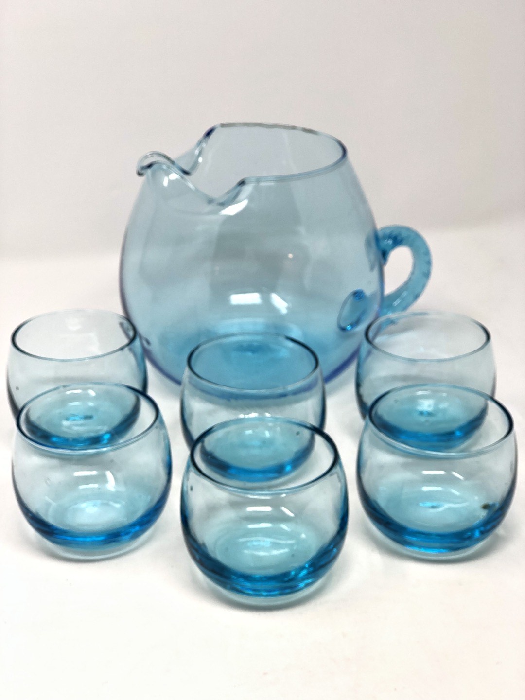 Aqua Blue Roly Poly Pitcher and Six Glass Beverage Set