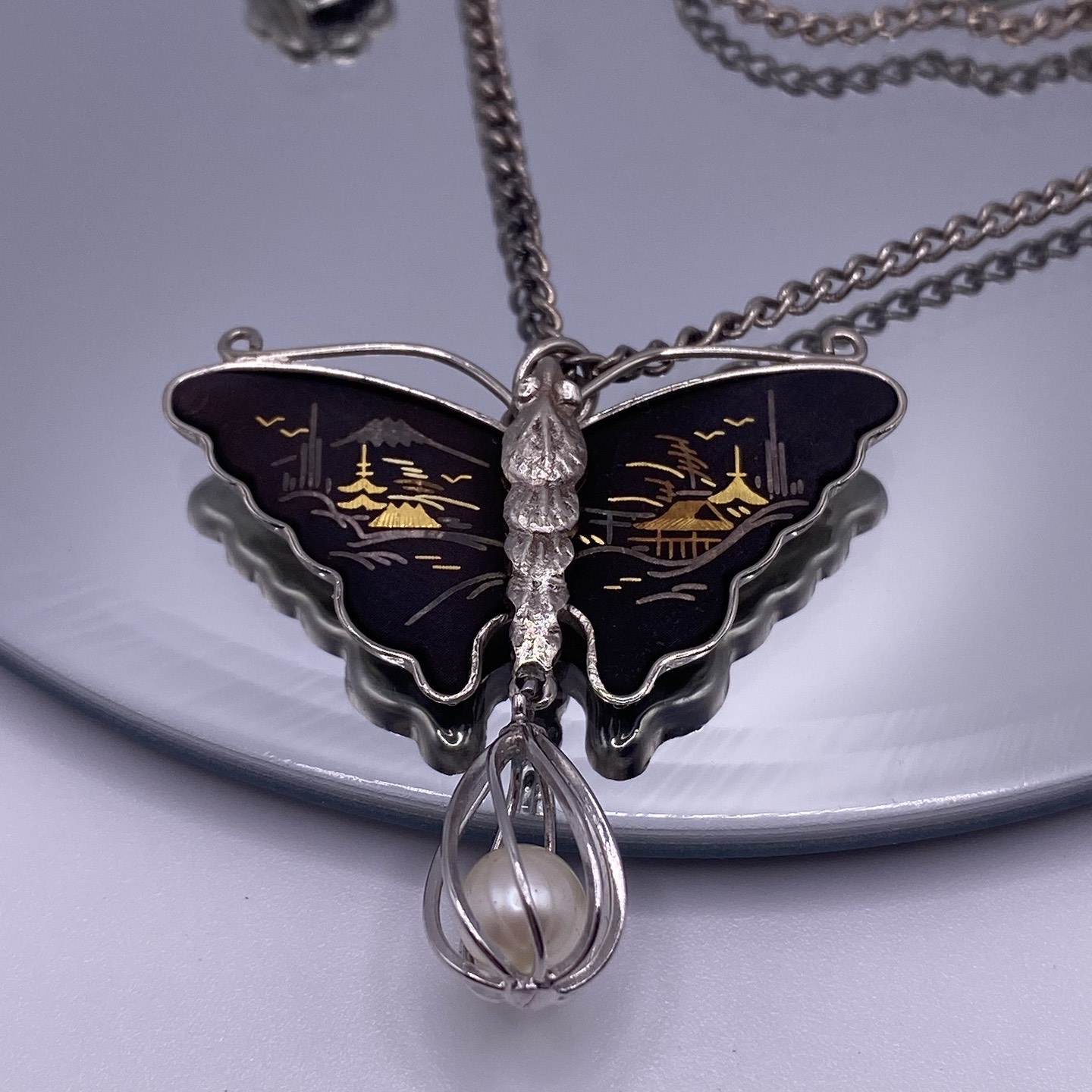 Dainty Black Gold Amita Japan Damascene Butterfly Pearl Silver Tone VTG ...