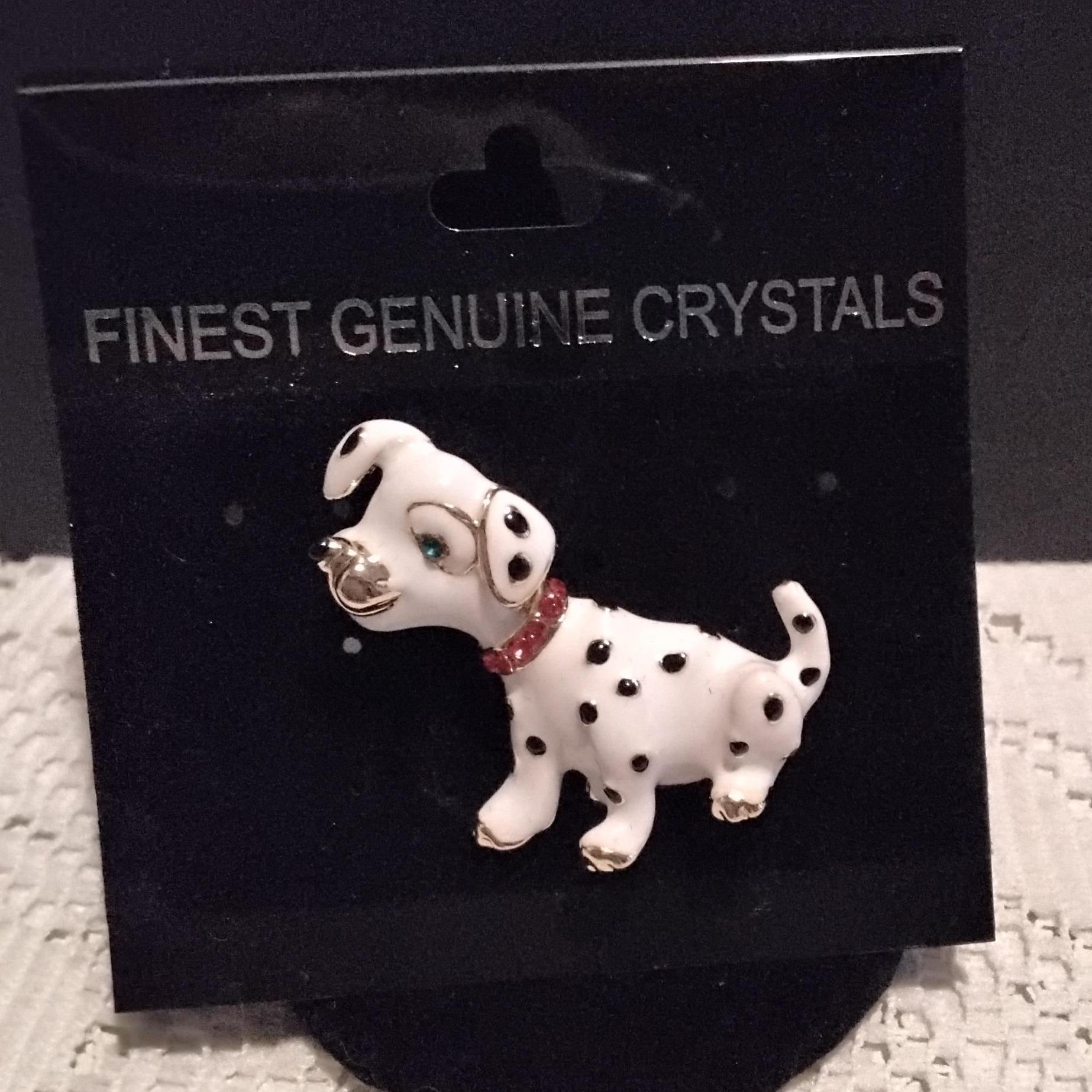 Dalmatian Dog/Puppy Enameled Brooch/Pin W/Genuine Red/Green Crystals