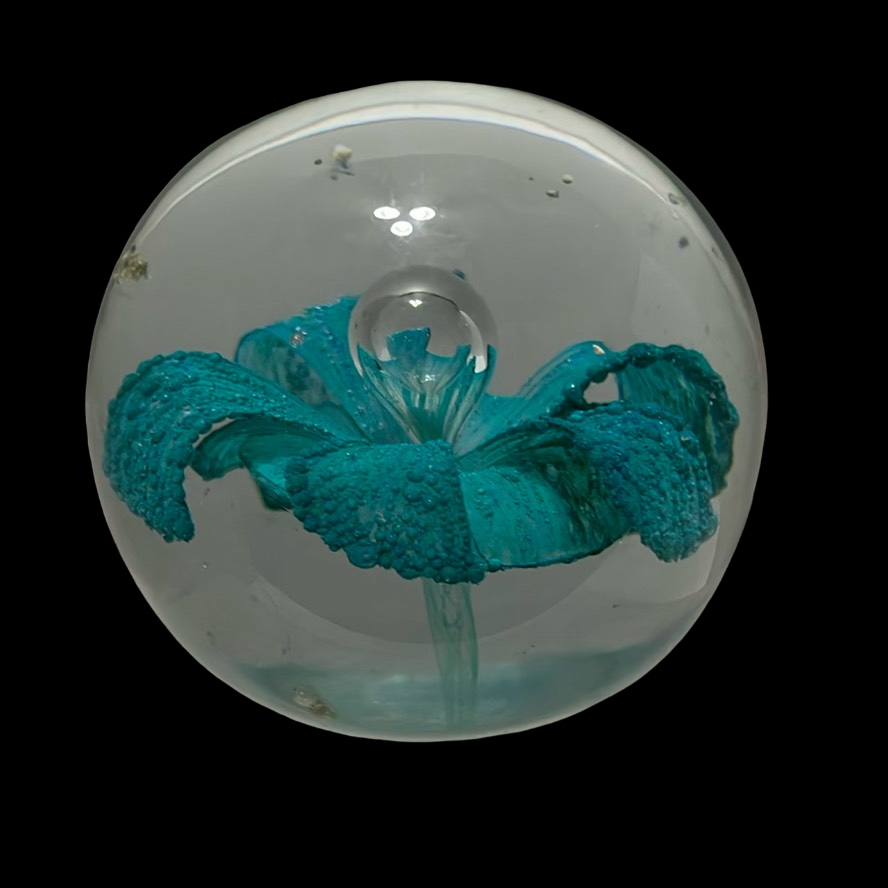 Glass Paperweight With Teal Flower