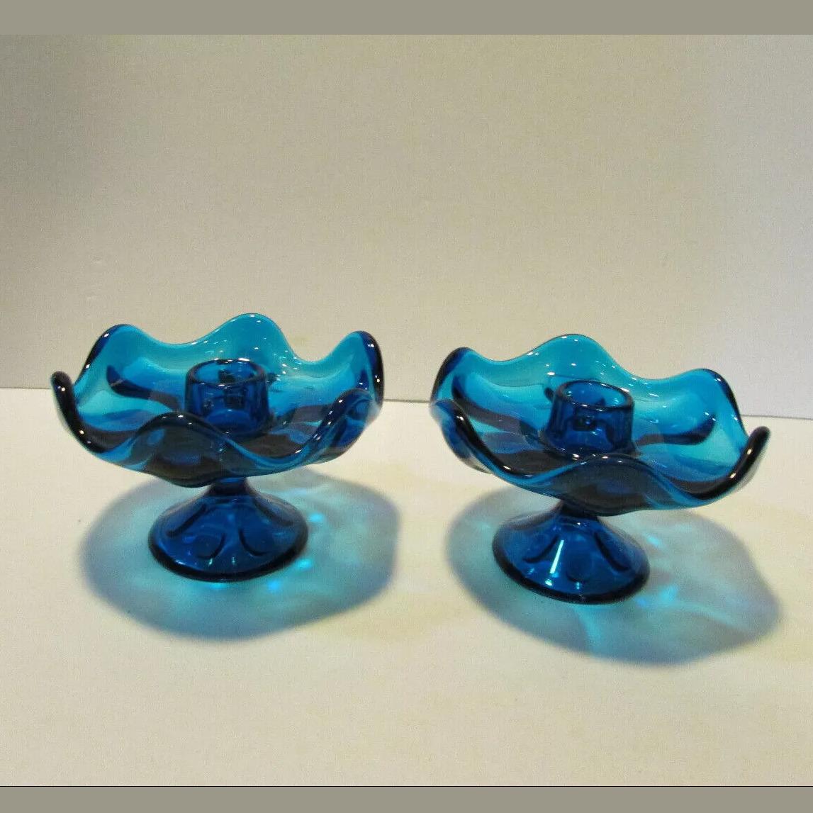 vintage MCM Viking blue glass candlestick holders set of 2 art glass ...