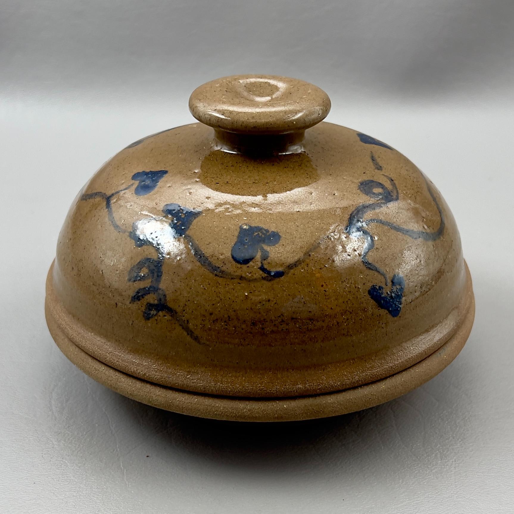 017 M.J. Nystrom 1987 Stoneware Pottery Butter Lidded Dish Blue Hearts ...