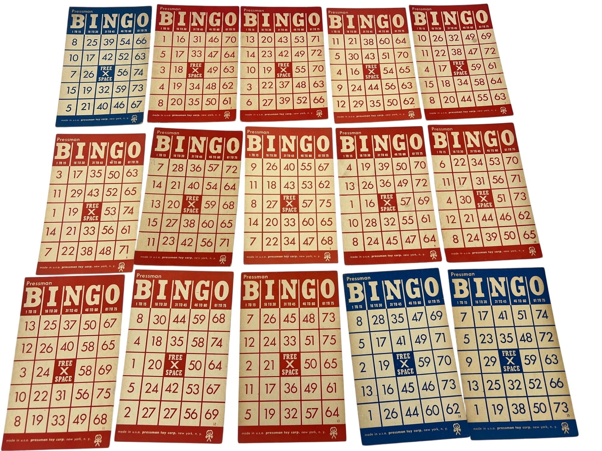 15 Vintage Pressman Bingo Cards 6.25″ × 4″ Red & Blue Game Ephemera Set