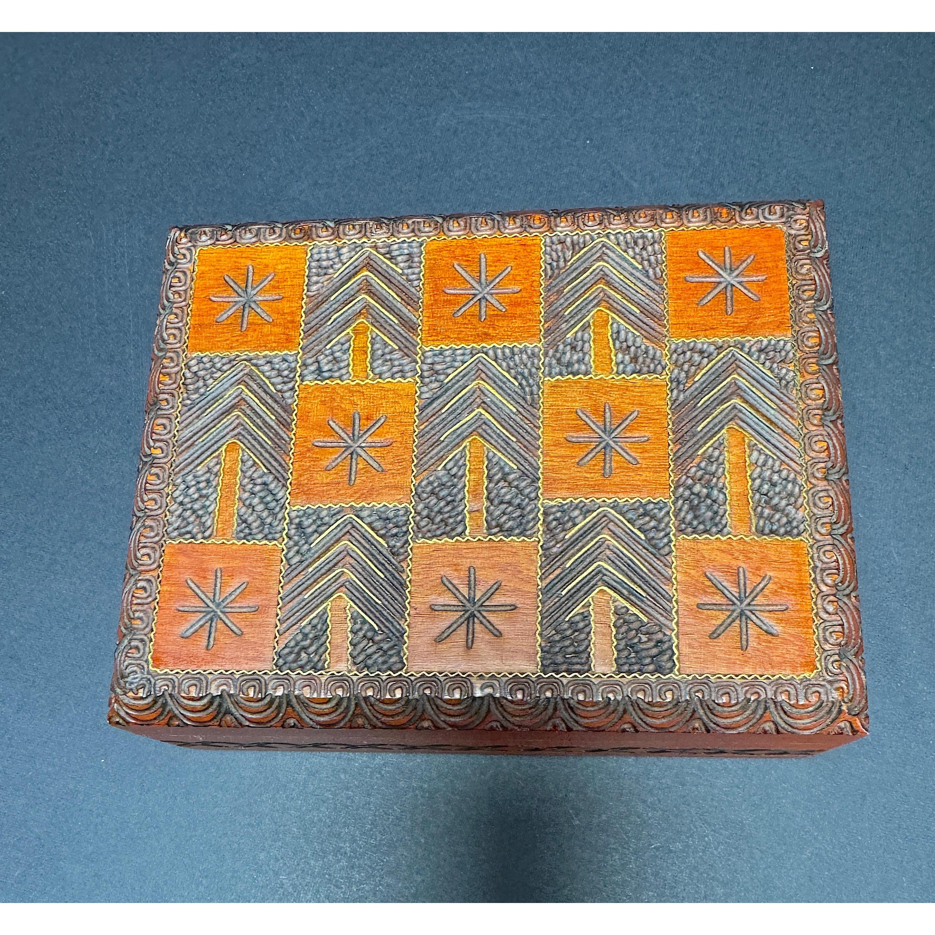 Poland wood carved trinket box trees stars brass inlay