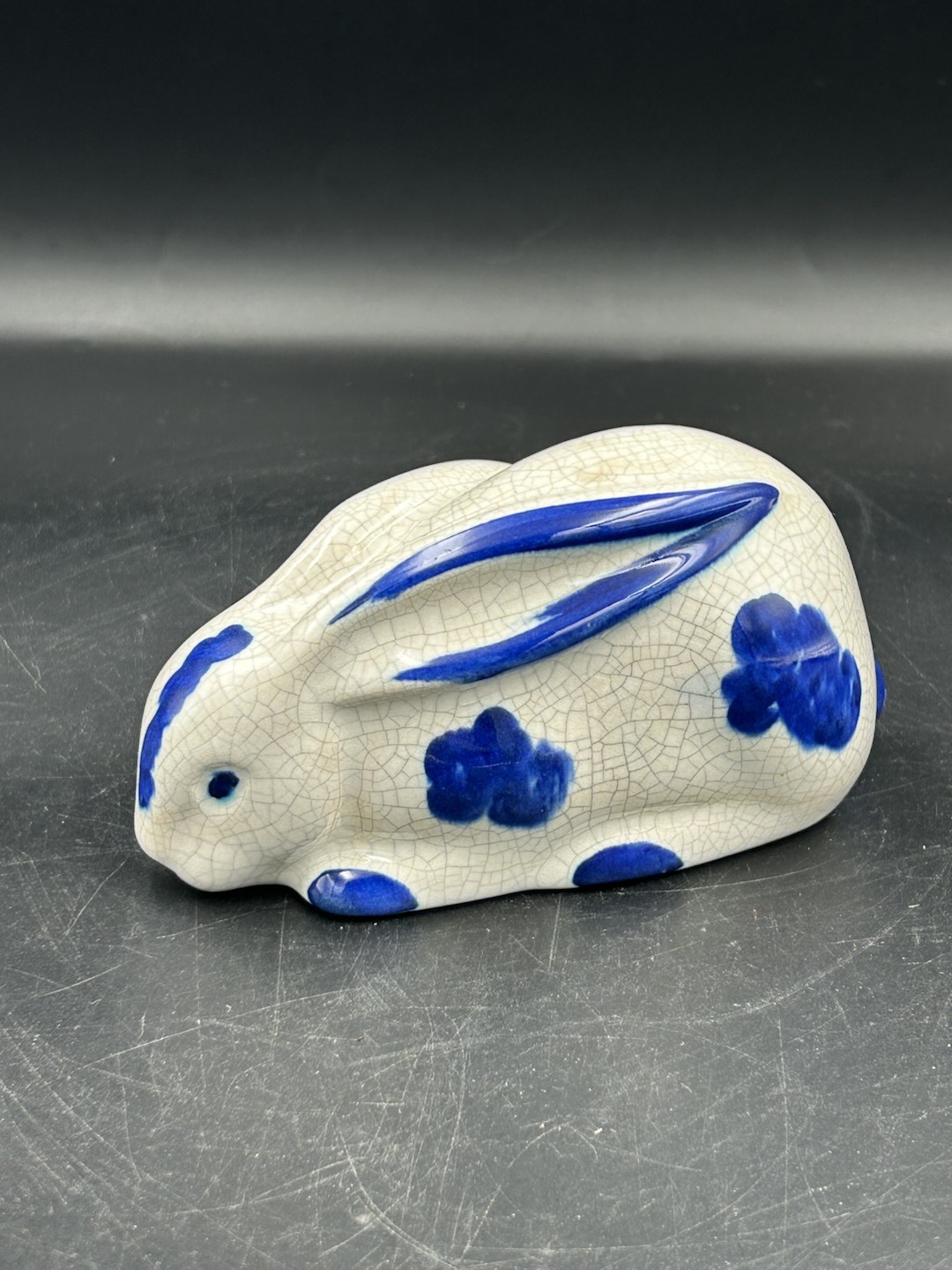 Vintage Delft Gouda Blue And White Bunny Rabbit Figurine With Crazing