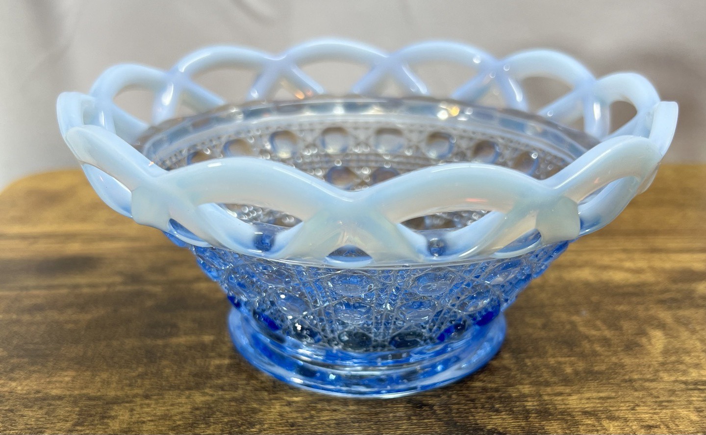 Imperial Laced Edge Opalescent Ritz Blue Depression Glass Bowl
