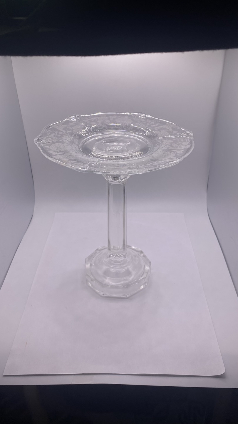 388. Upcycled Antique Glass Etched Plate On Glass Candle Stick