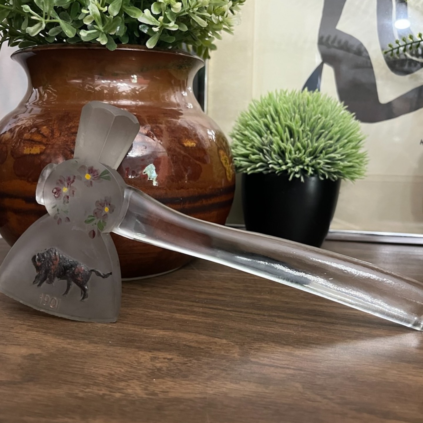 Antique Satin Clear Glass Hand Painted Floral Buffalo Hatchet Axe Early ...