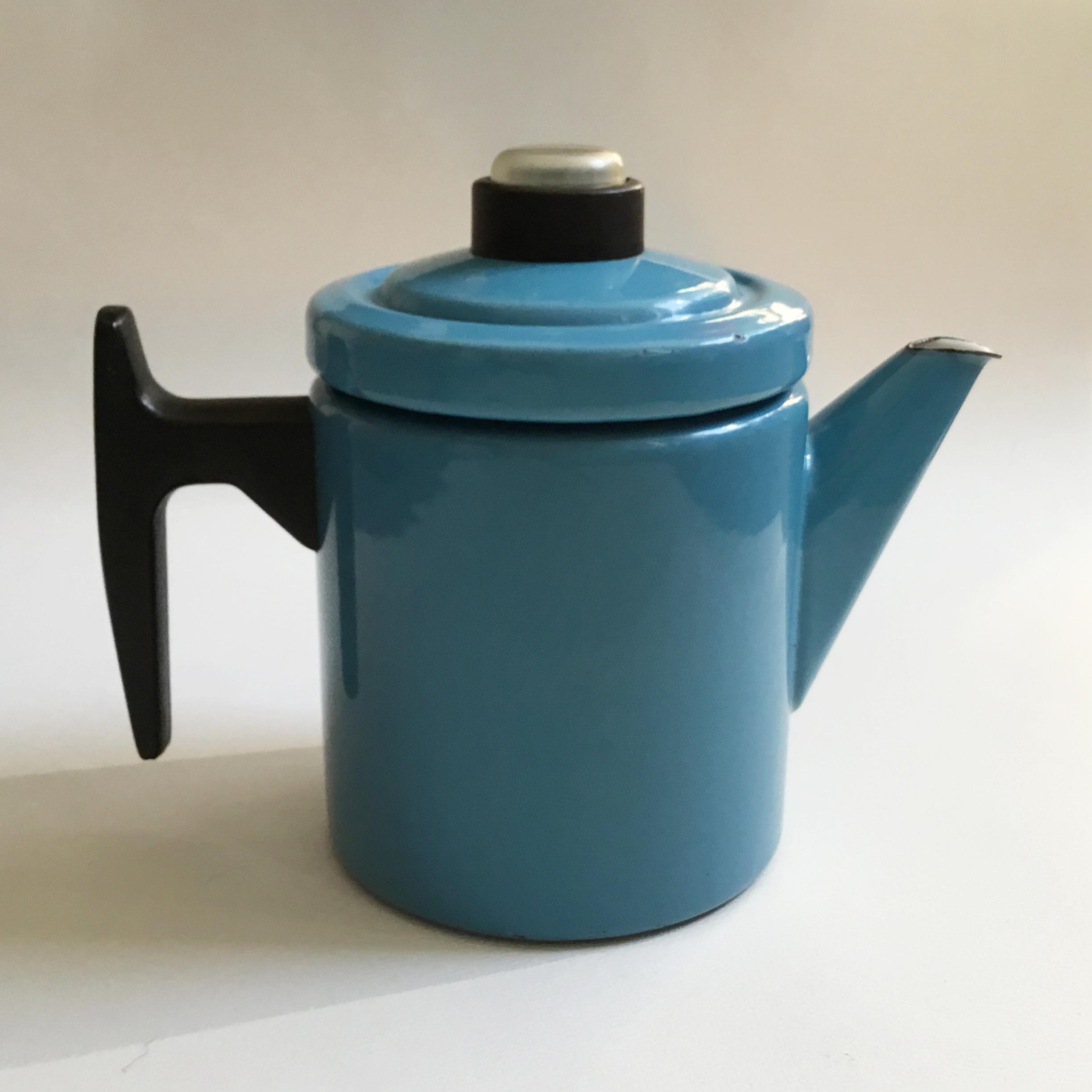 Vintage Mid-Century Finel Finland Blue Enamel Metal Coffee Pot Percolator