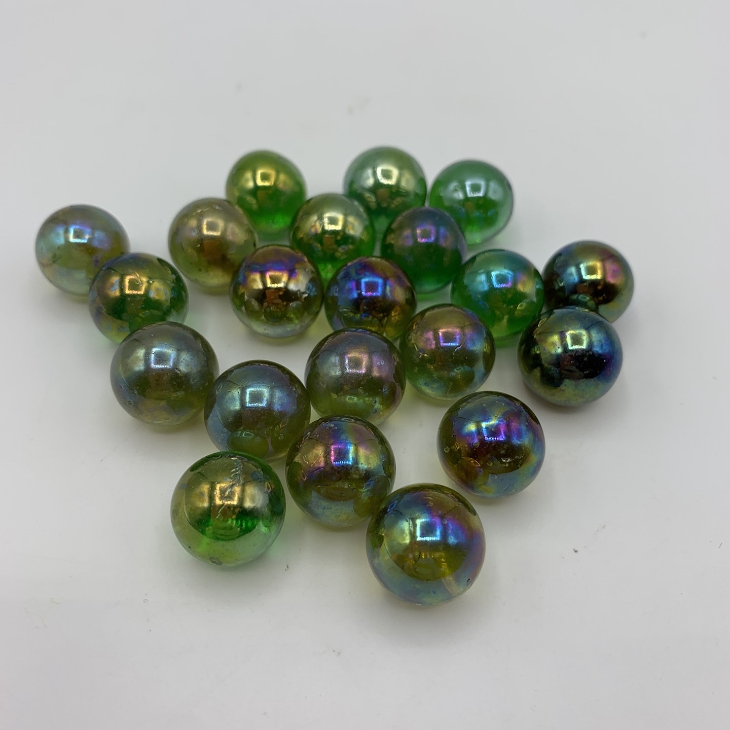 21 Iridescent Marbles Rainbow, Clear, Reds, Greens, Blues Vintage