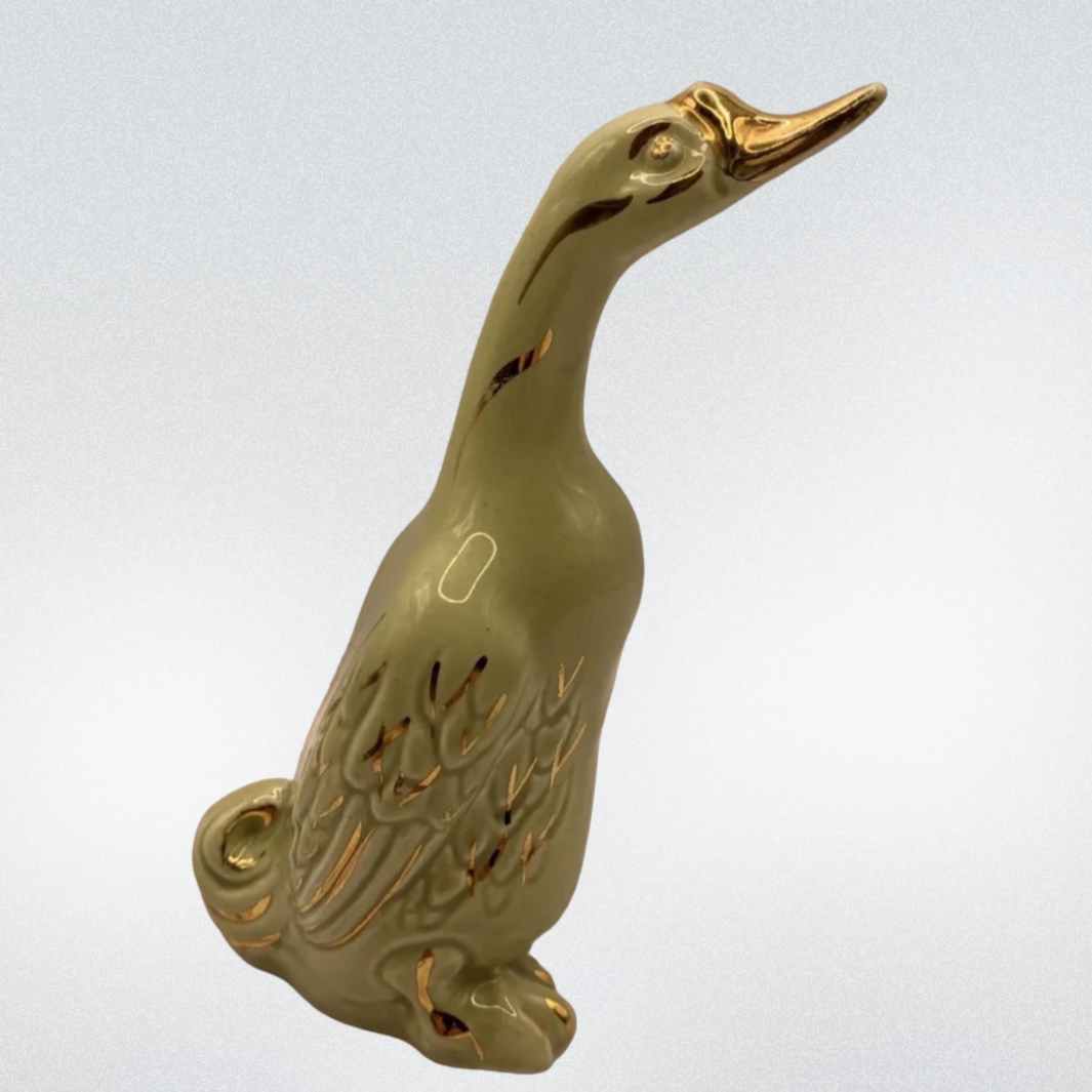 Vintage Porcelain Peking Duck Green With Gold Trim 6" Figurine