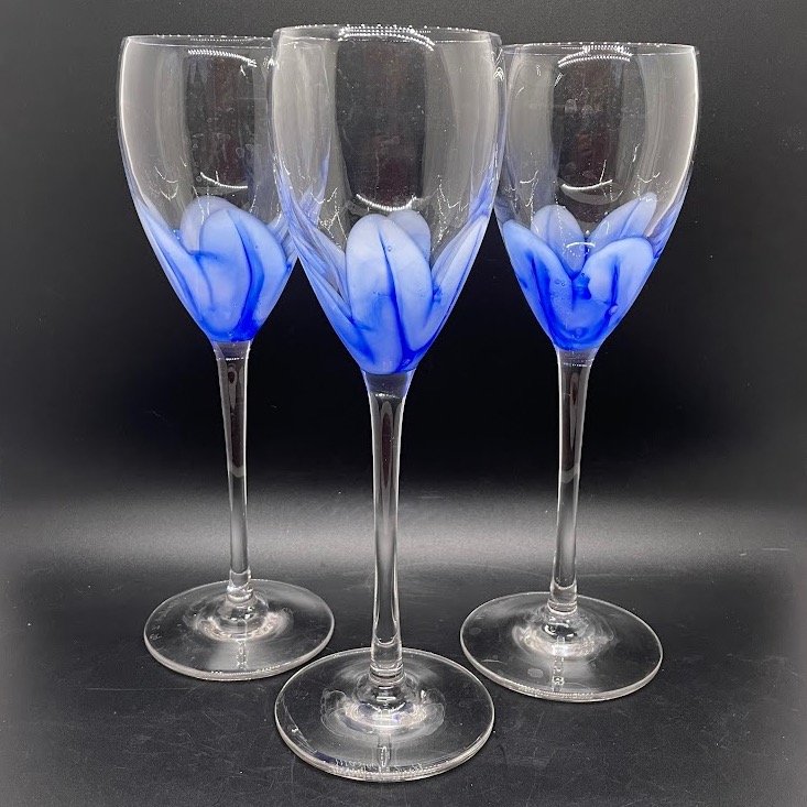 Signed Set of 3 STEVEN MASLACH Blue Tulip Handblown Wine Glasess 1979 Rare