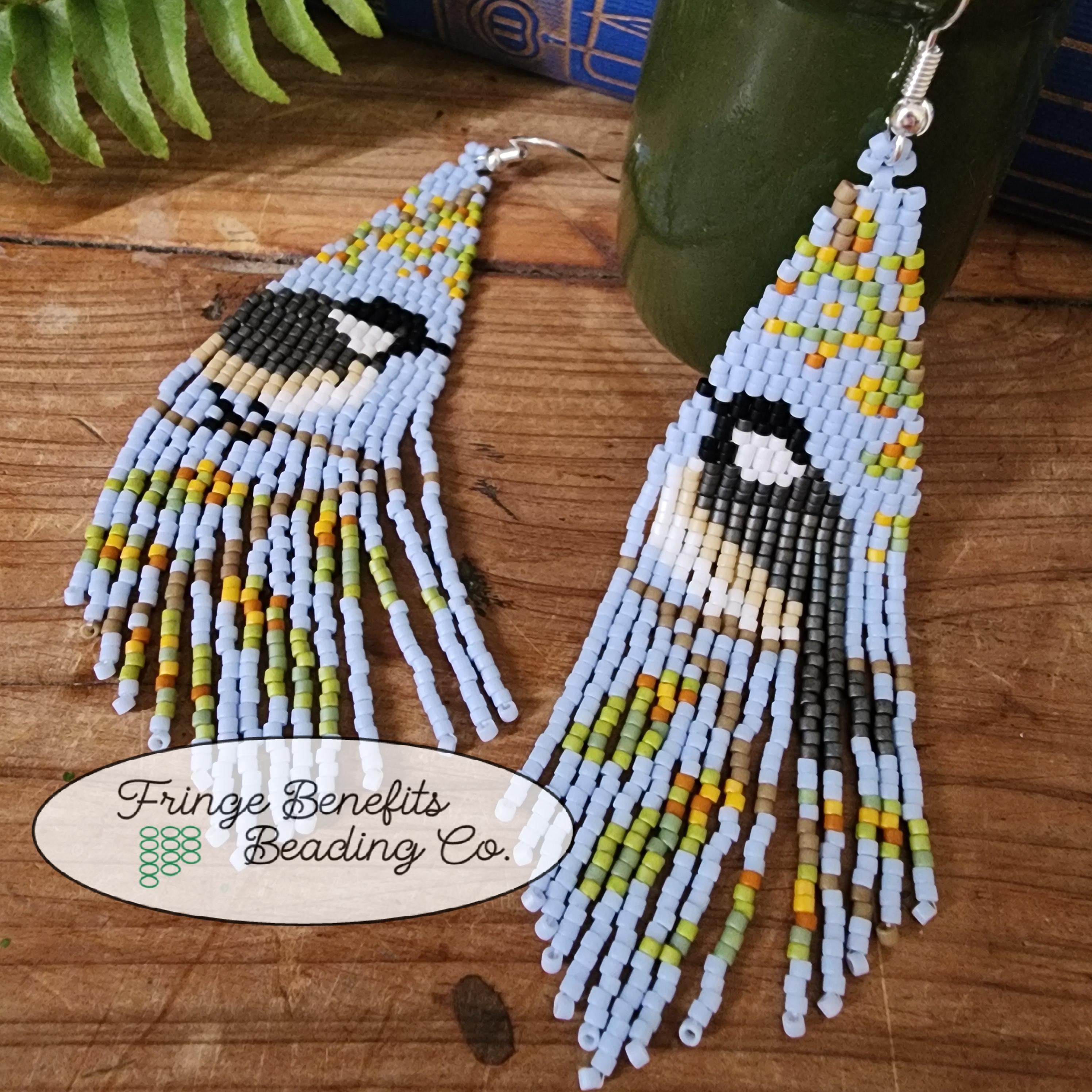 Hand-Beaded Asymmetrical Black Capped Chickadee Fringe Earrings - .925 ...