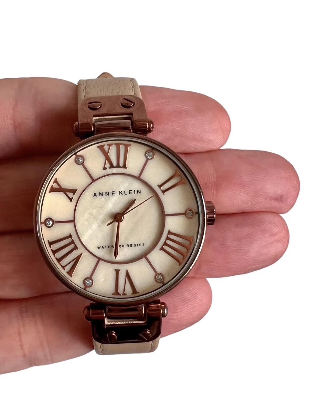Anne Klein Ladies Leather Band MOP Rose Goldtone Watch Y121E 10/9919 ...