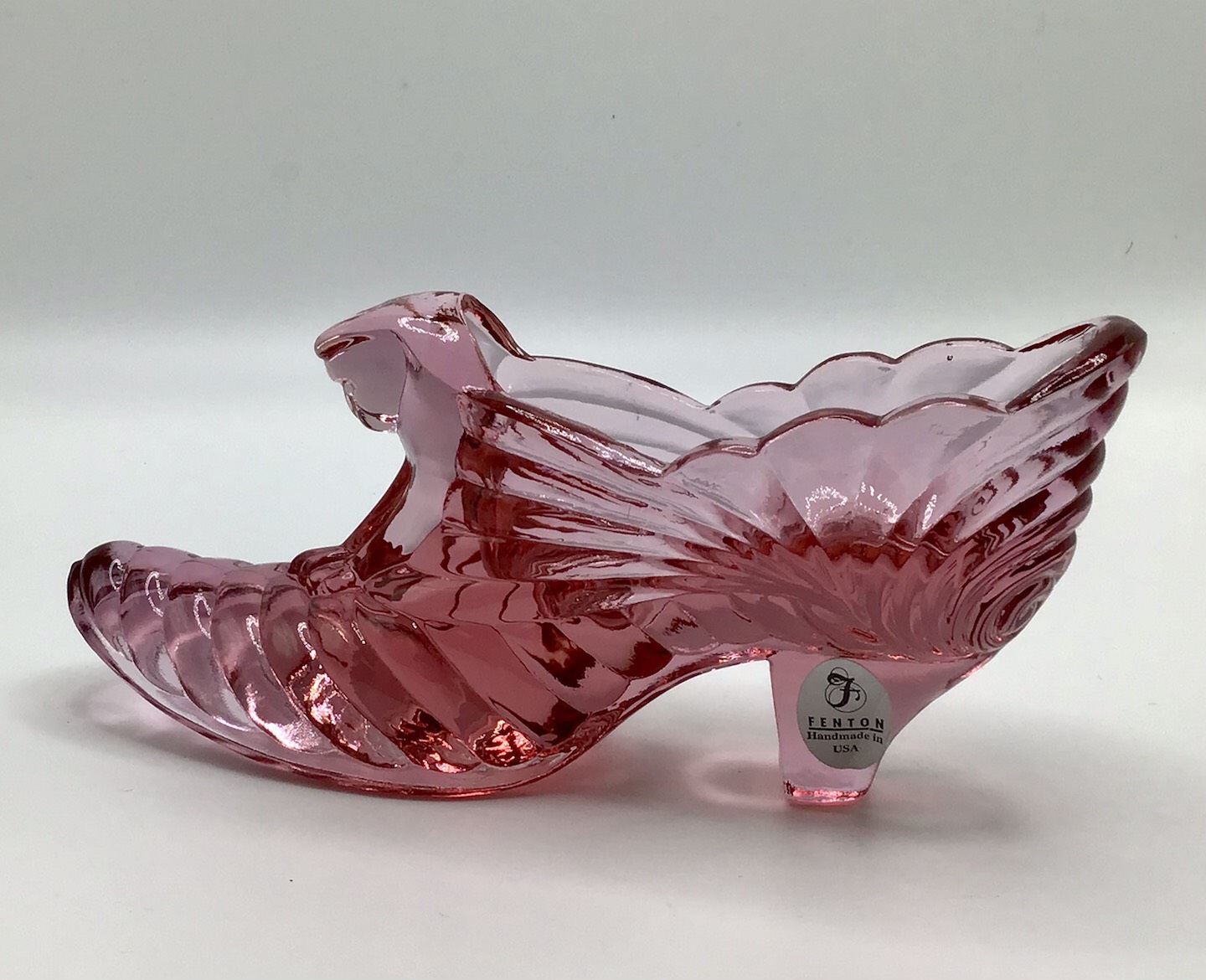 Fenton Pink Glass Slipper With Cat Design 6”