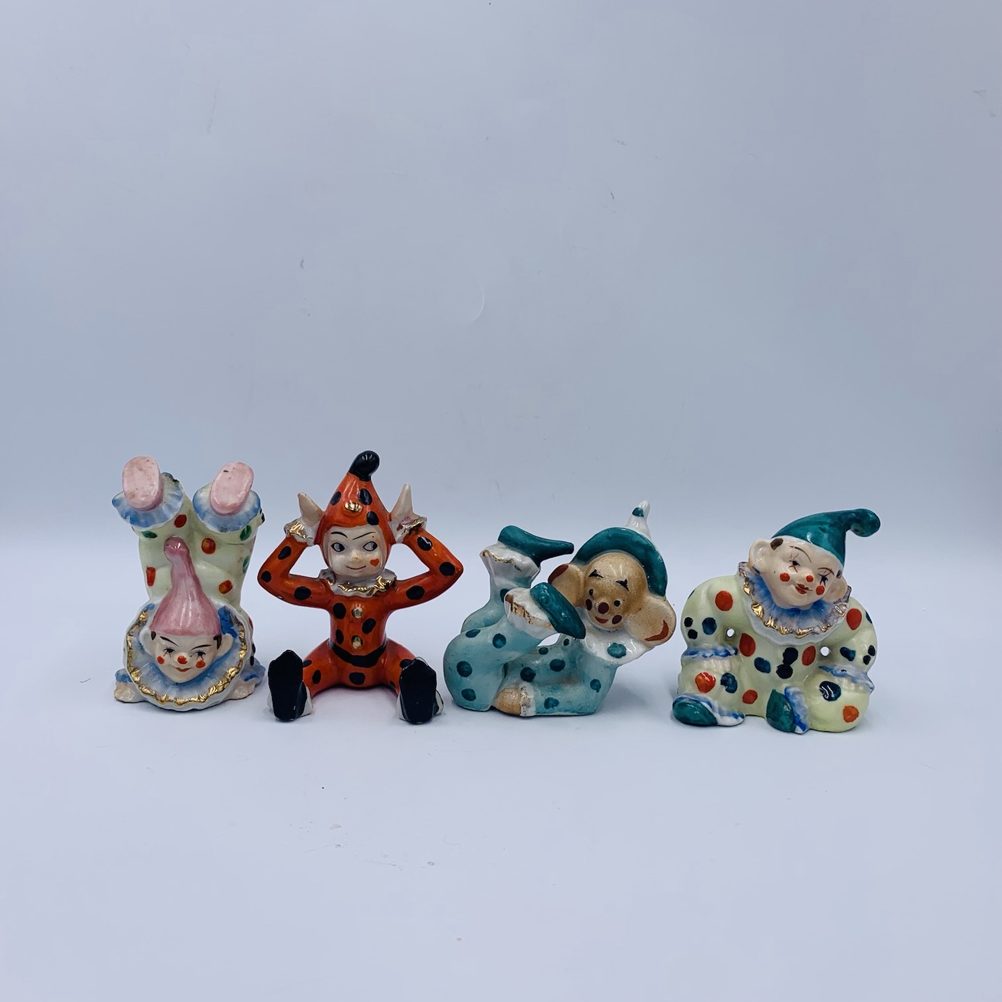 Set Of 4 Vtg Japan Clown Jester Figurines Polka Dot Kitsch Tumbling Horror