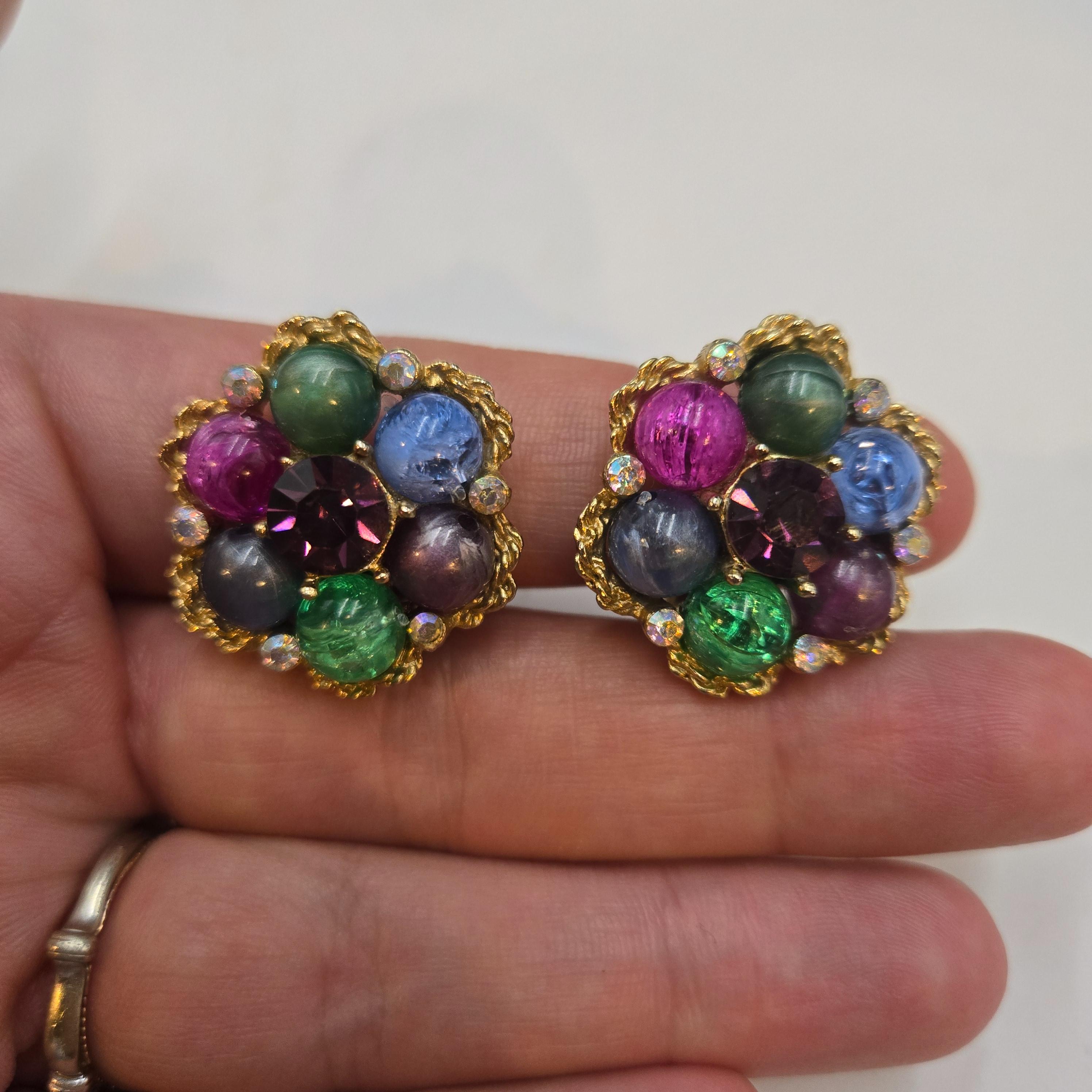 Vintage Kramer Fruit Salad Clip Earrings Lucite Cluster Beaded Gold Tone