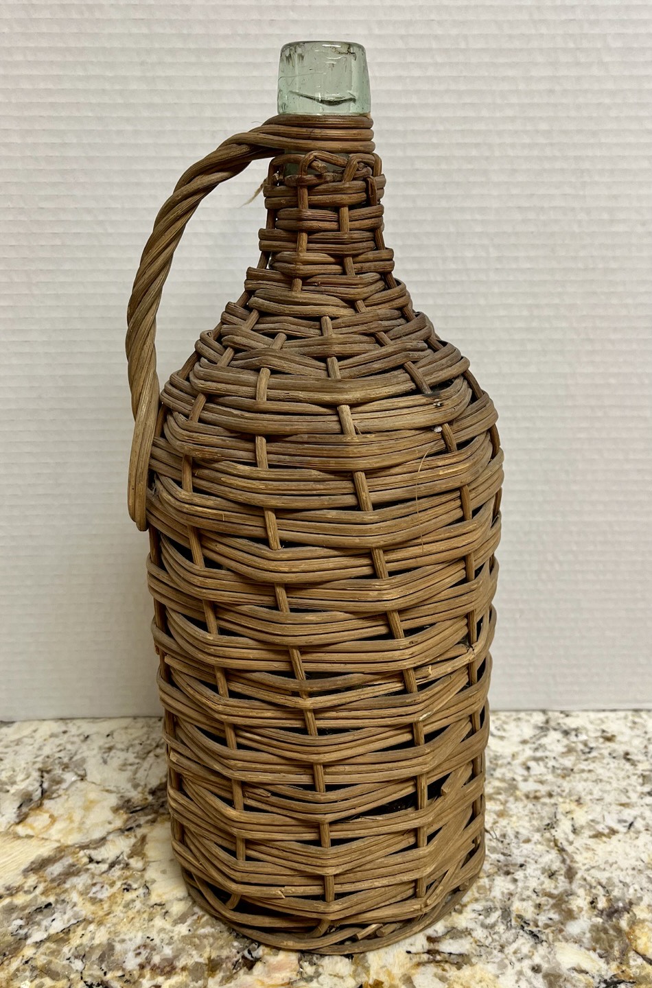 Antique Rattan Wicker Wrapped Green Glass Demijohn Wine Bottle With Handle