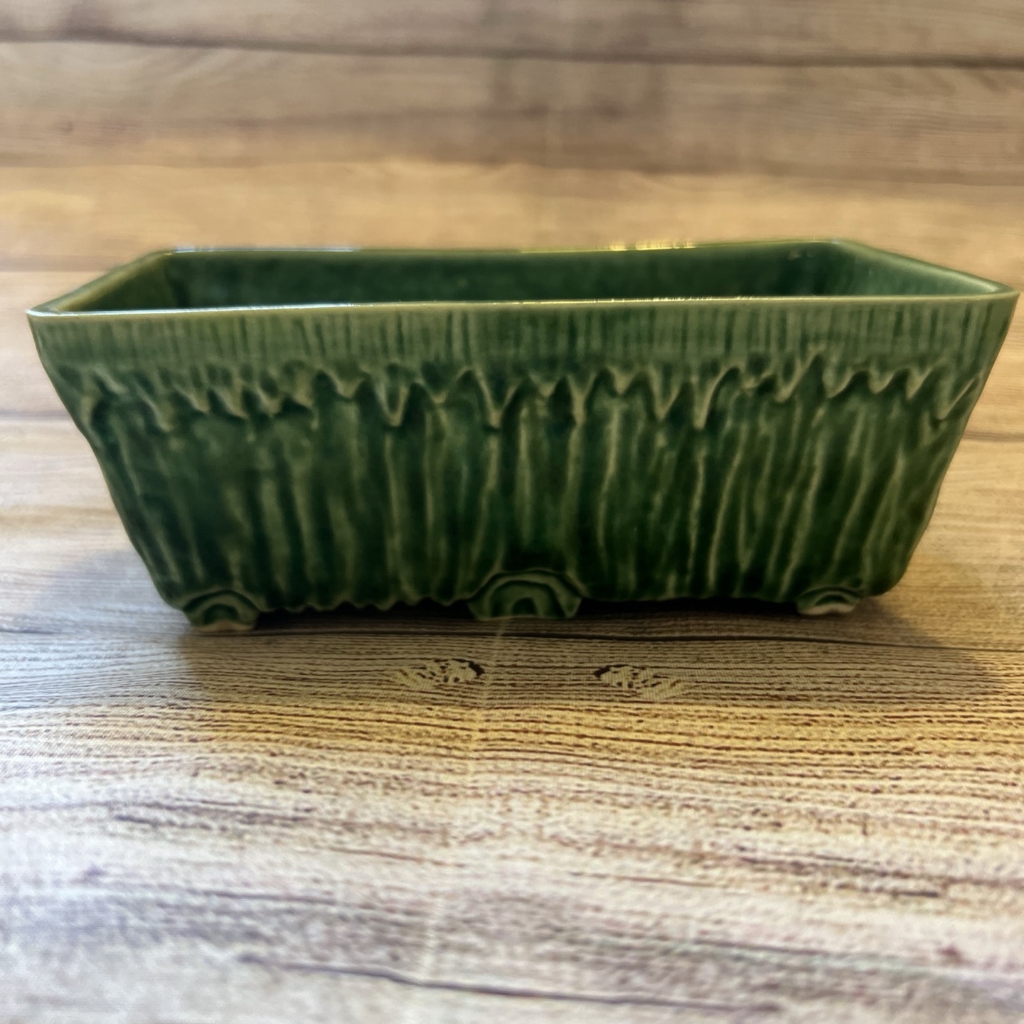 Vtg USA Pottery Green Rectangular Planter MCM 6x3x2.5” Small Footed