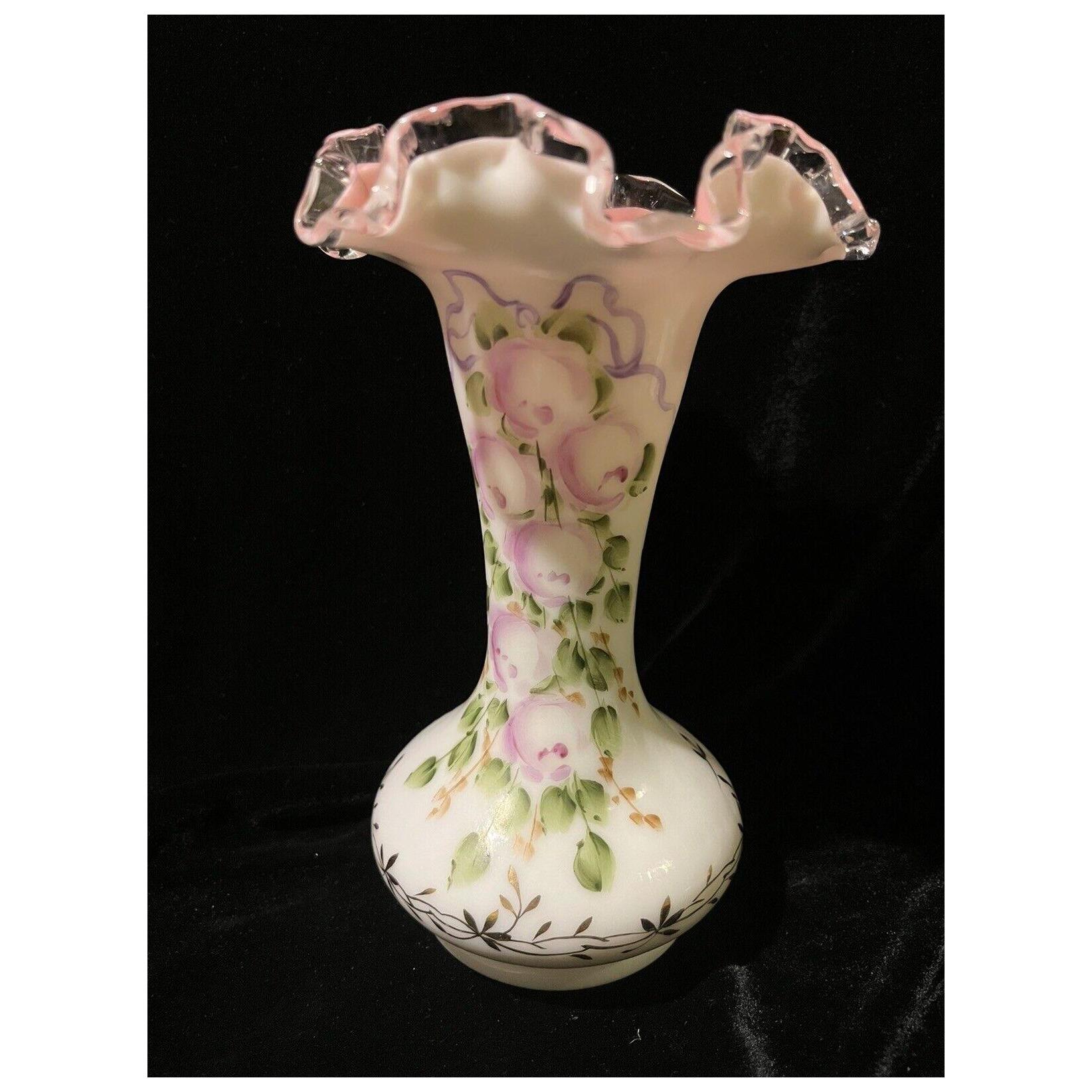 Fenton Charleton White Overlay Vase, Rose Crest, Hand Painted Florals