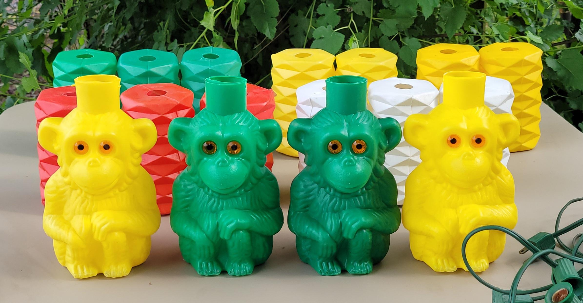 Vintage Blow Mold Monkey & Tiki Lanterns RV Camper String Party Lights Set