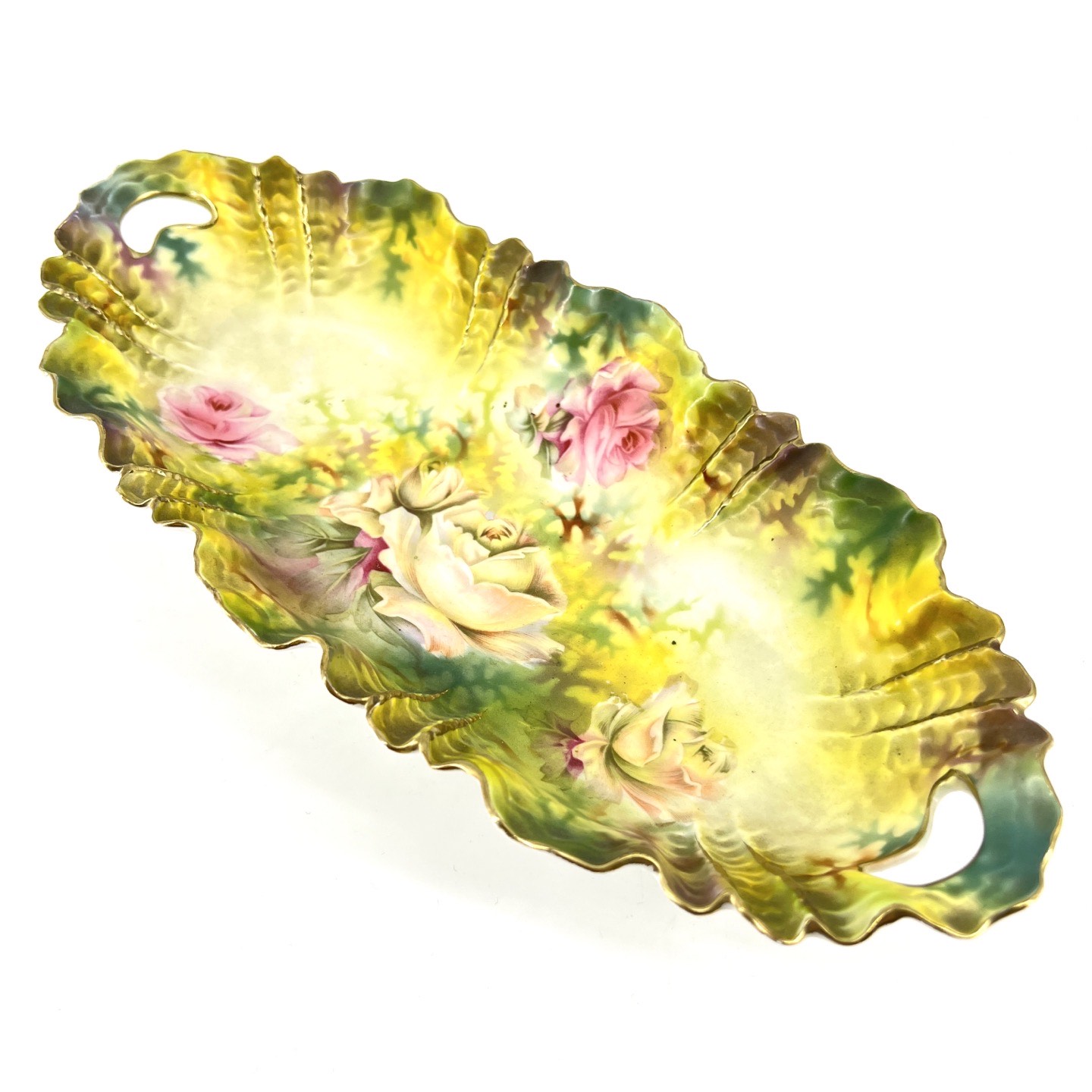 RS Prussia Pink Roses Green Celery Bread Long Dish