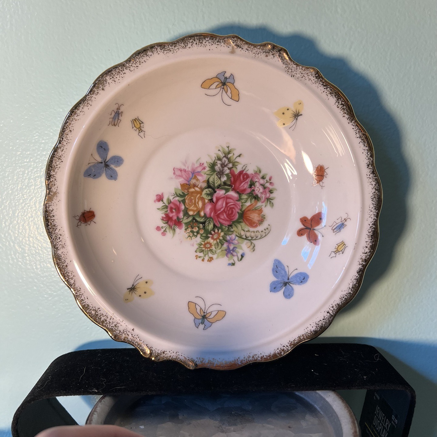 Vintage Handpainted Butterfly & Insect Bowl w Gilded Edge