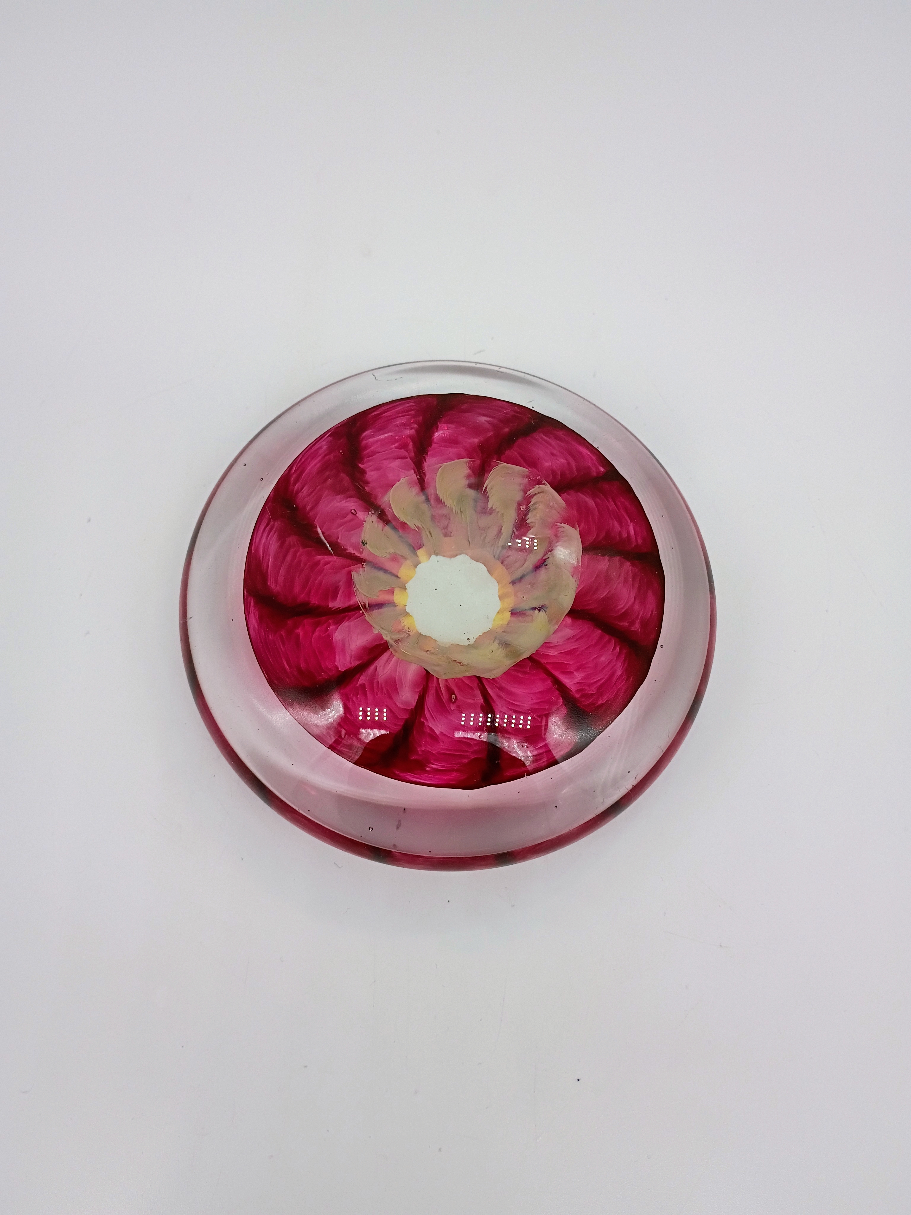 Ignis Art Glass 5" Disc Shaped Eyeball Flower Paperweight in Pinks and ...
