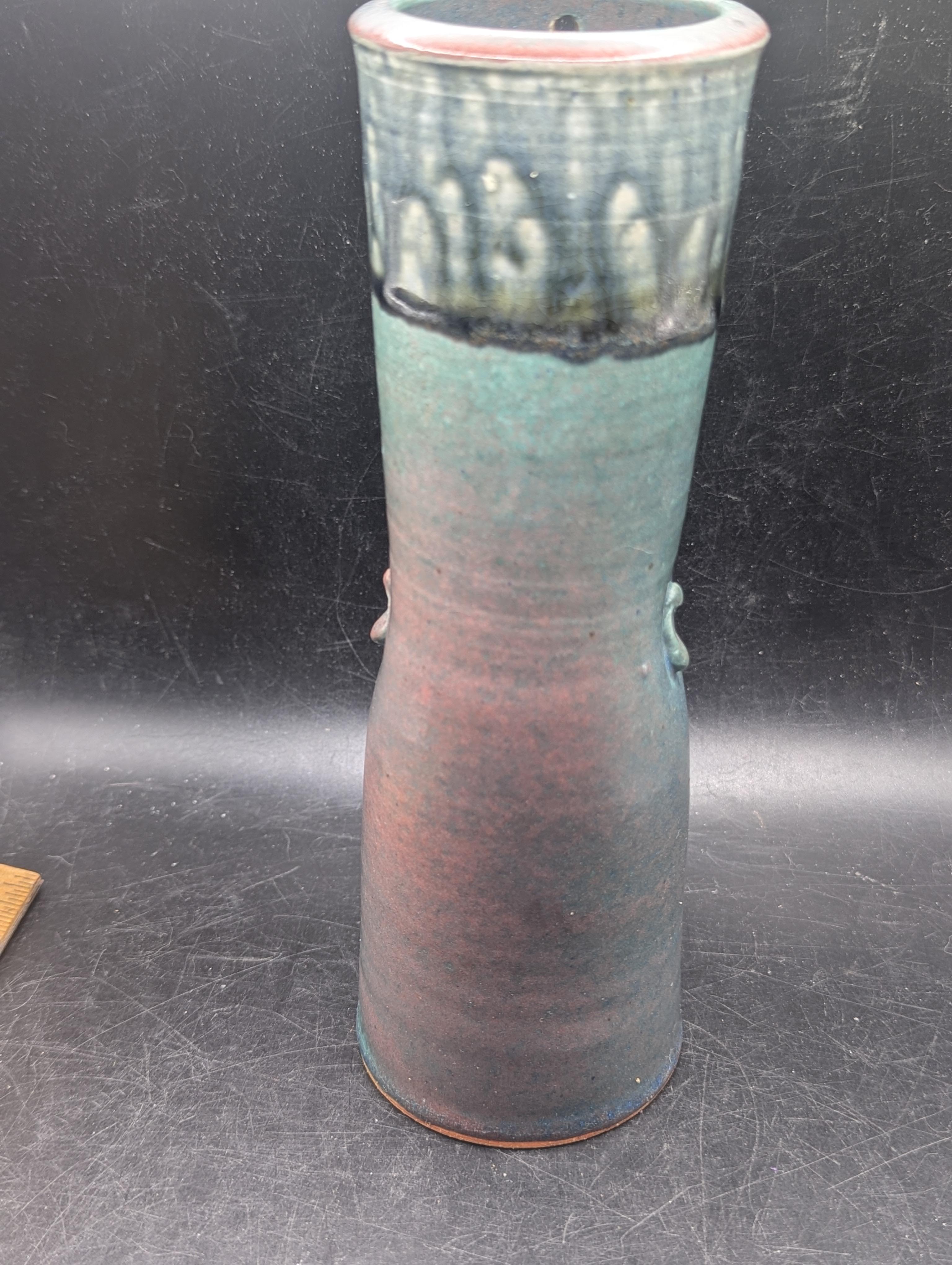 Studio Art Pottery Signed With Variegated Blue, Green Purple Drip Glaze
