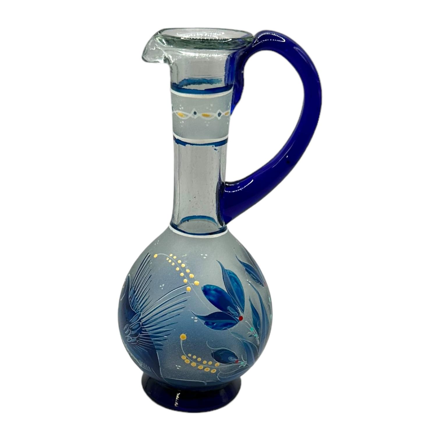 Hand Painted Blue & Yellow Cruet Bud Vase Mexican Folk Art Hummingbird