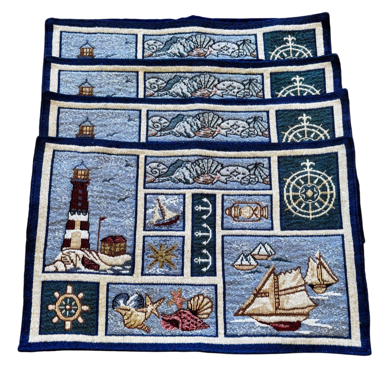Nautical, Boat & Lighthouse Textile Fabric Placemats Set Of 4 18x11.5”