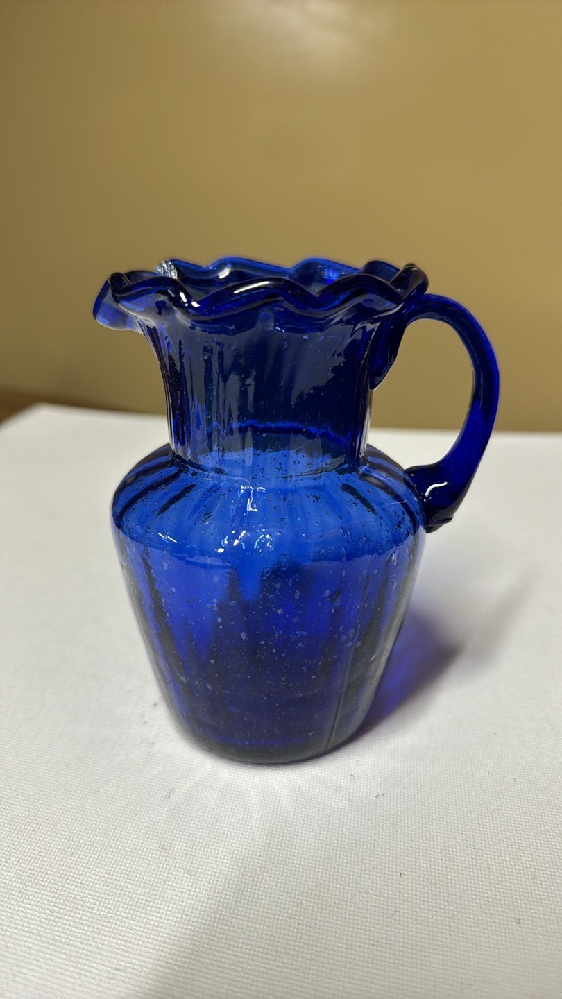 Vintage Cobalt Blue Glass Small Pitcher Hand Blown 5” Tall