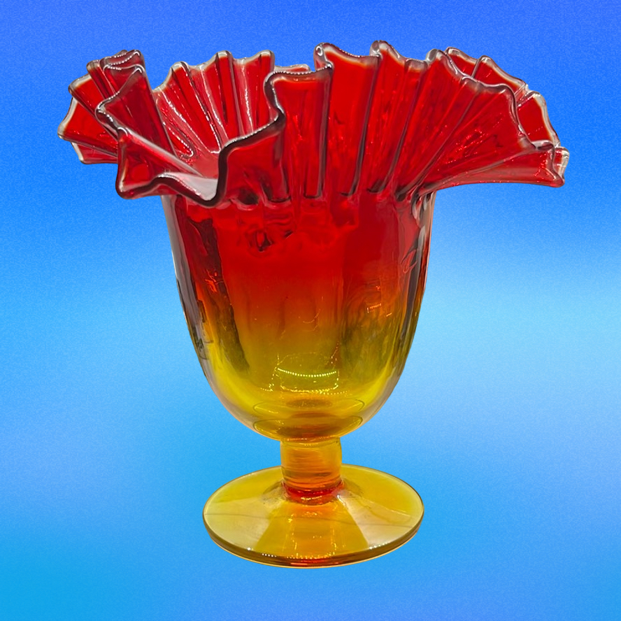 31. Blenko Glass Red Amberina Footed Vase Ruffled 8"Tall Vtg 5 Color ...