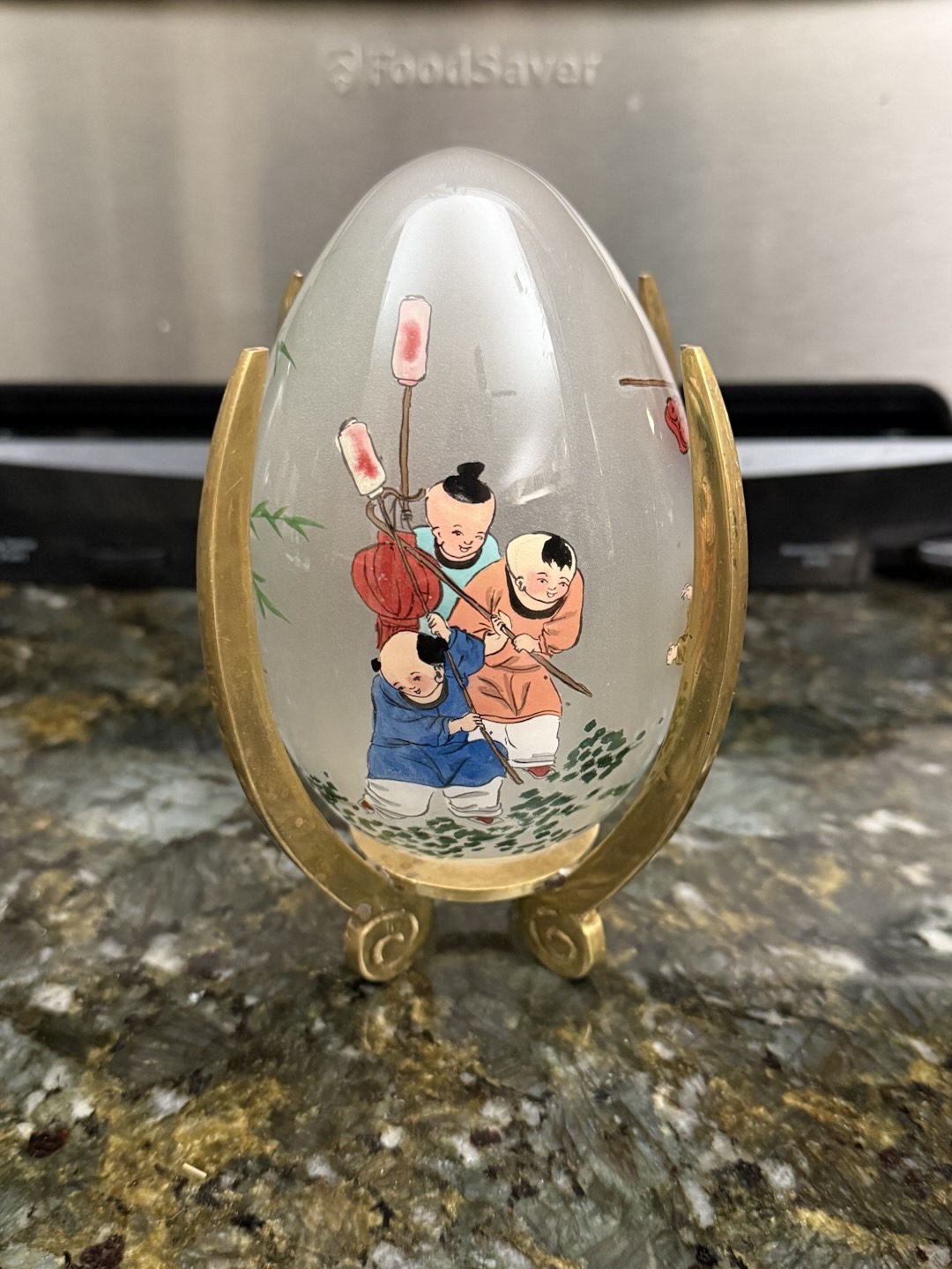 Chinese Inner Painted Glass Egg Scene Of Children Playing 5 Inches