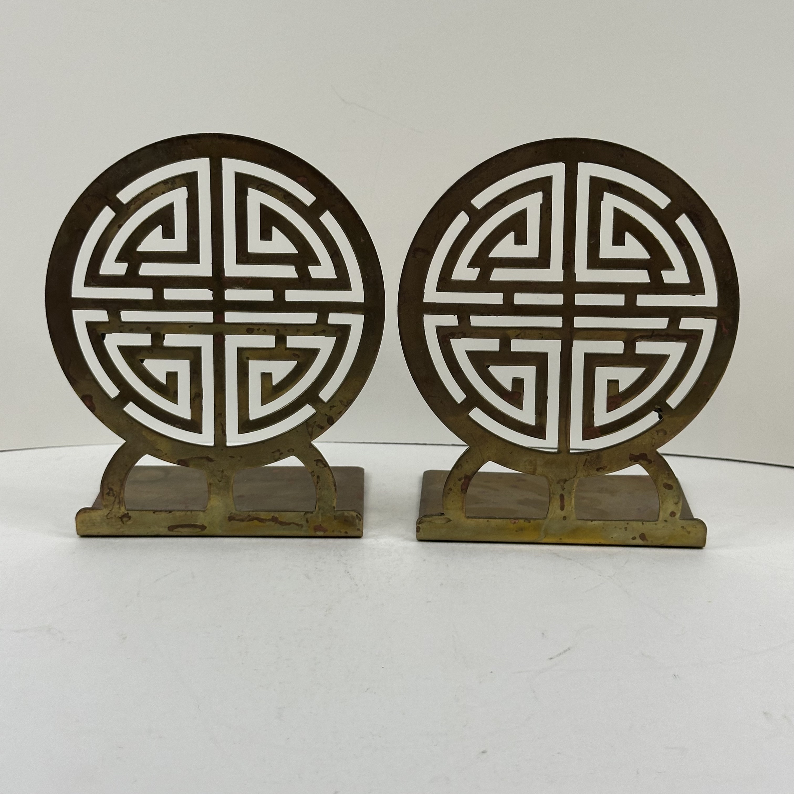 Vintage Pair of Solid Brass Round Bookends Chinese Shou (Long Life) Symbol