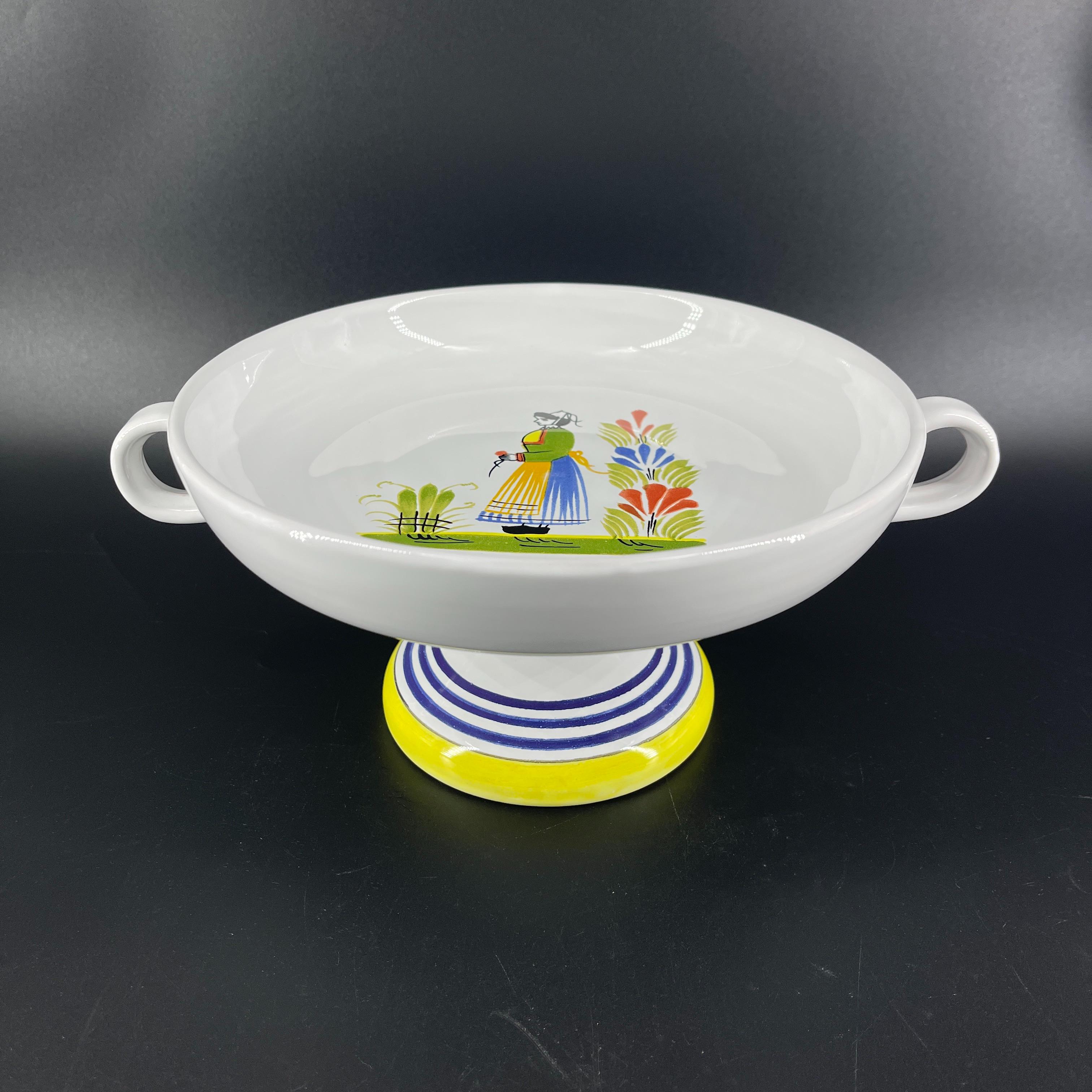 Faience Made In Italy Compote Double Handle Dish Breton Figure Pristine