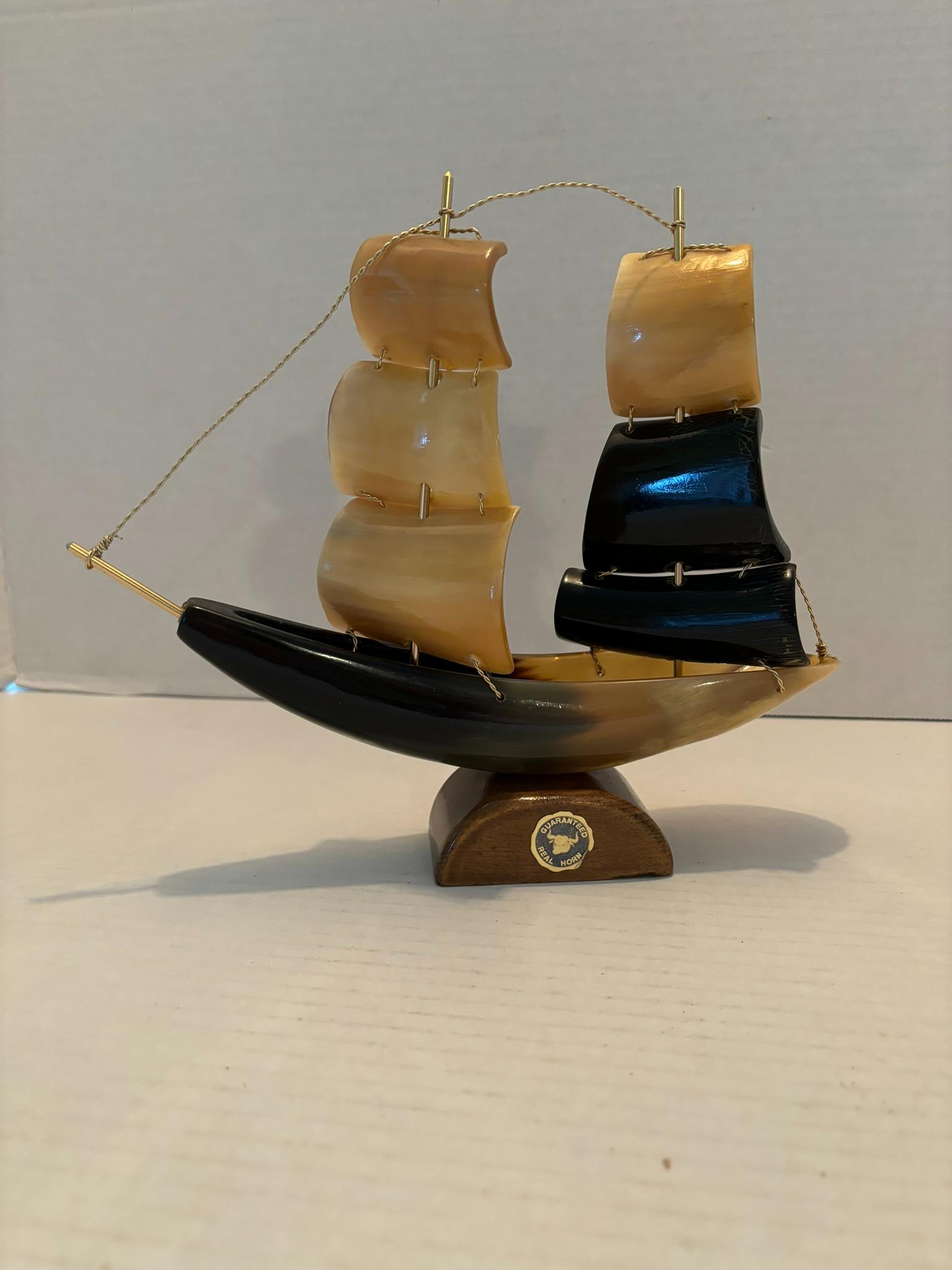 Vintage Sailing Ship Crafted Bull Horn Double Masts Model 8.25 inches Tall