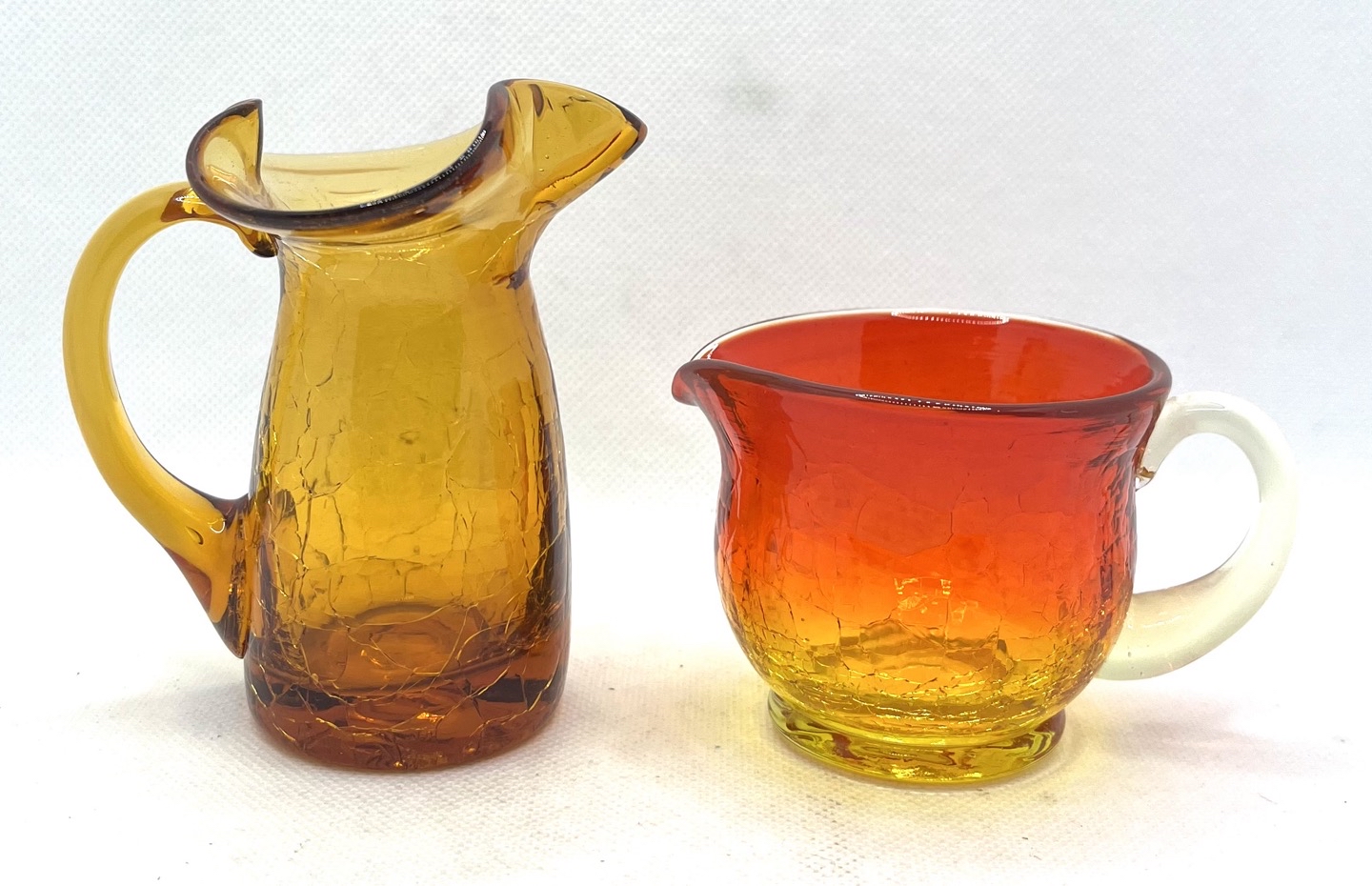 Vintage Pair Amberina Orange Amber Yellow Crackle Glass Creamer Miniature Pitchers
